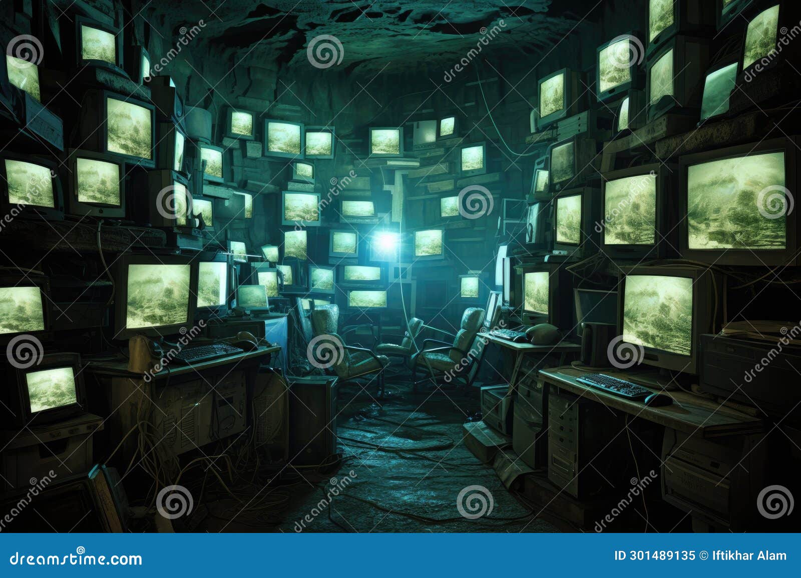 Abandoned Room with Many Old Computer Monitors. 3d Rendering, Computer ...