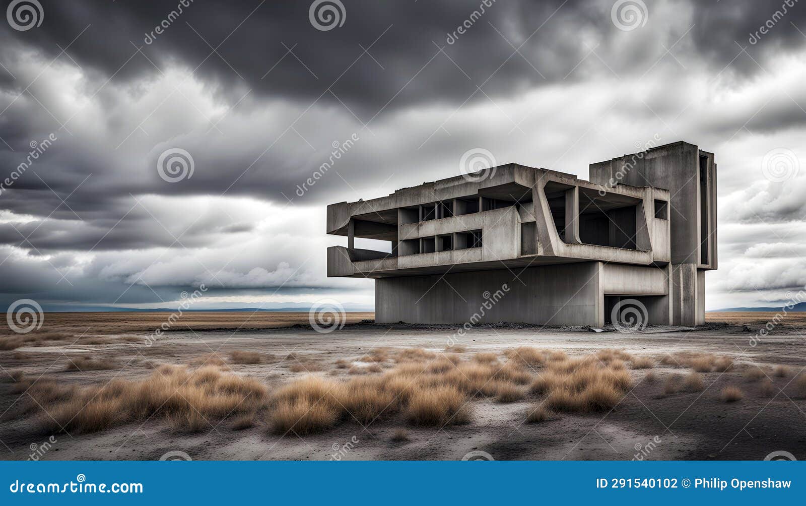 Abandoned Ruined Concrete Brutalist Building in a Desolate Scrub ...
