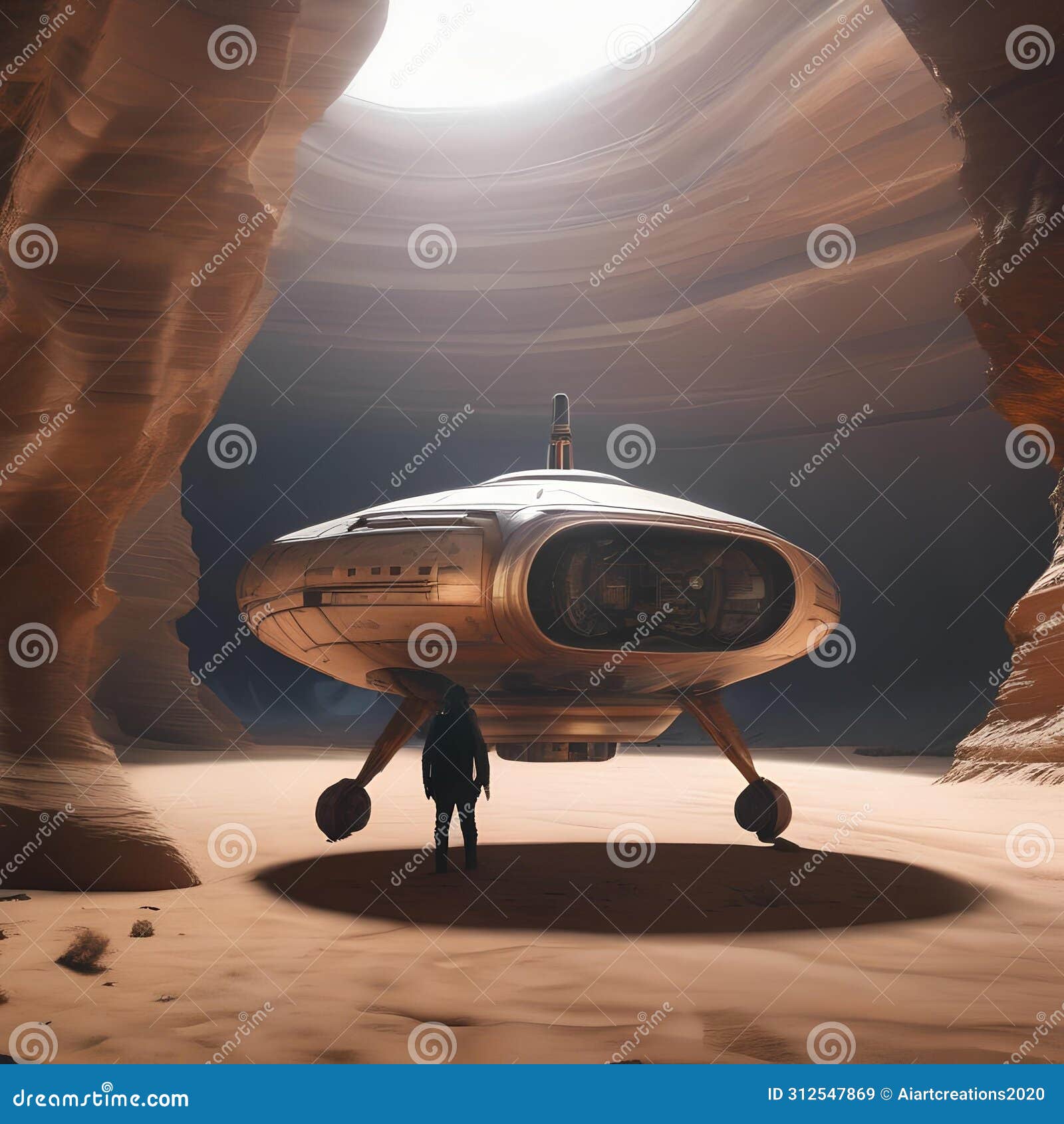 An Abandoned, Rusting Spaceship Stranded in a Barren Desert, with a ...