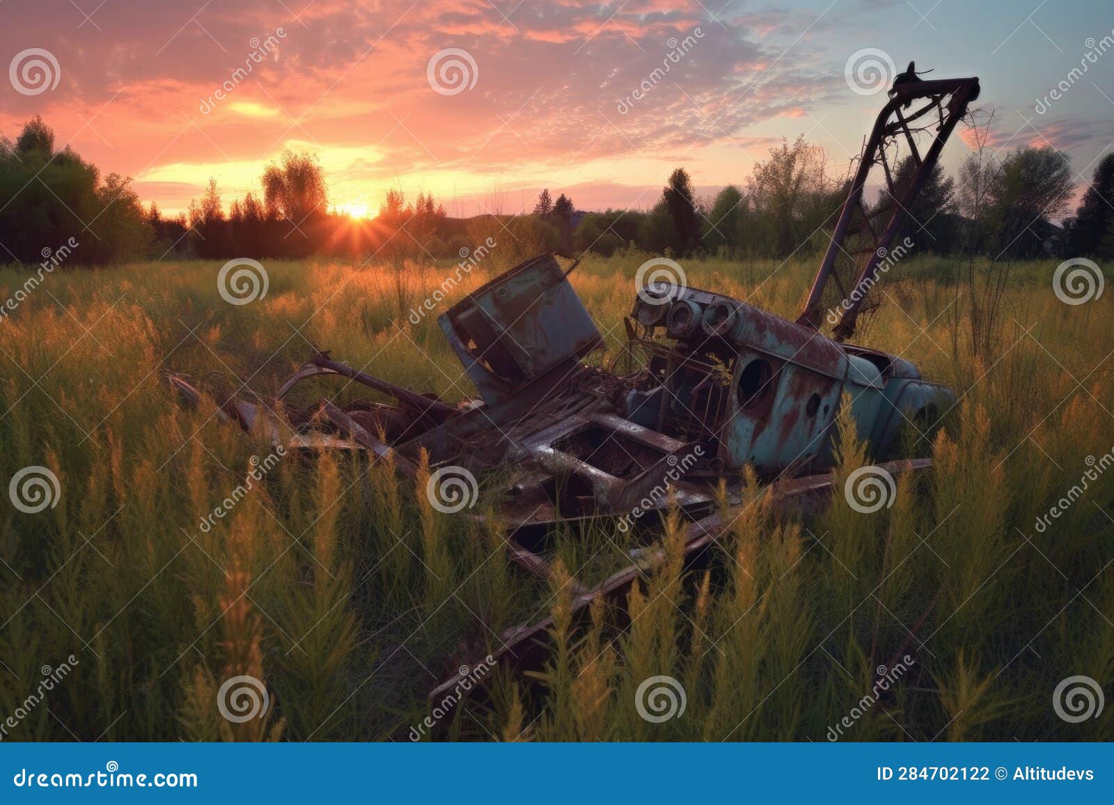 Abandoned Rusty Plow in Tall Grass at Sunset Stock Illustration ...