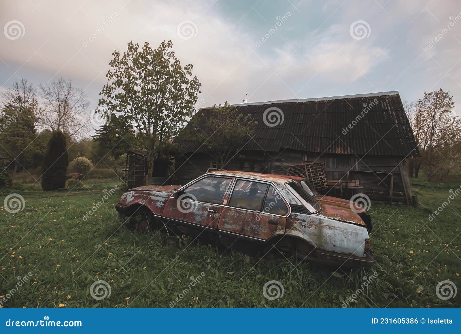 Abandoned Rusty Soviet Car on Rural Backyard with Wooden Buildings ...
