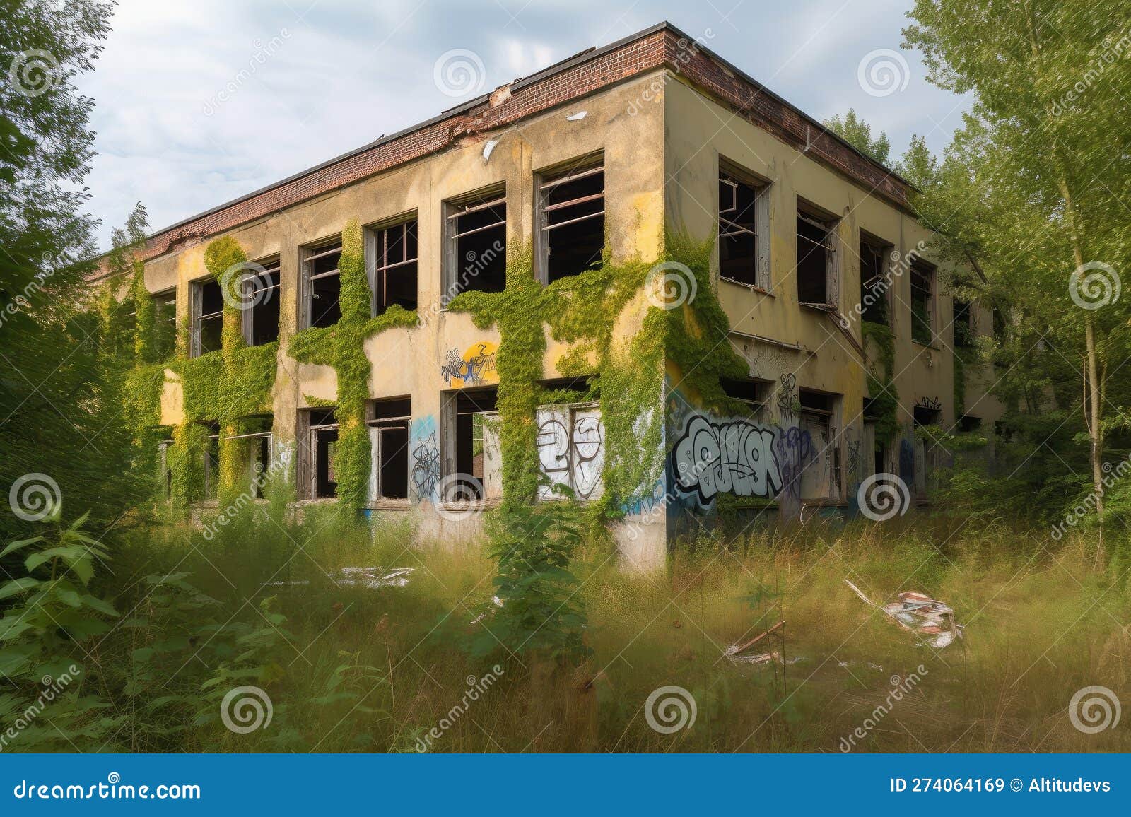Abandoned School, with Broken Windows and Graffiti on the Walls ...