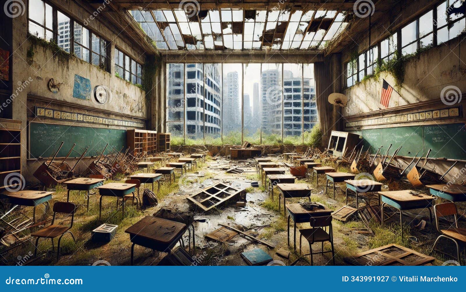 Abandoned School Building in Overgrown Post Apocalyptic Urban Setting ...