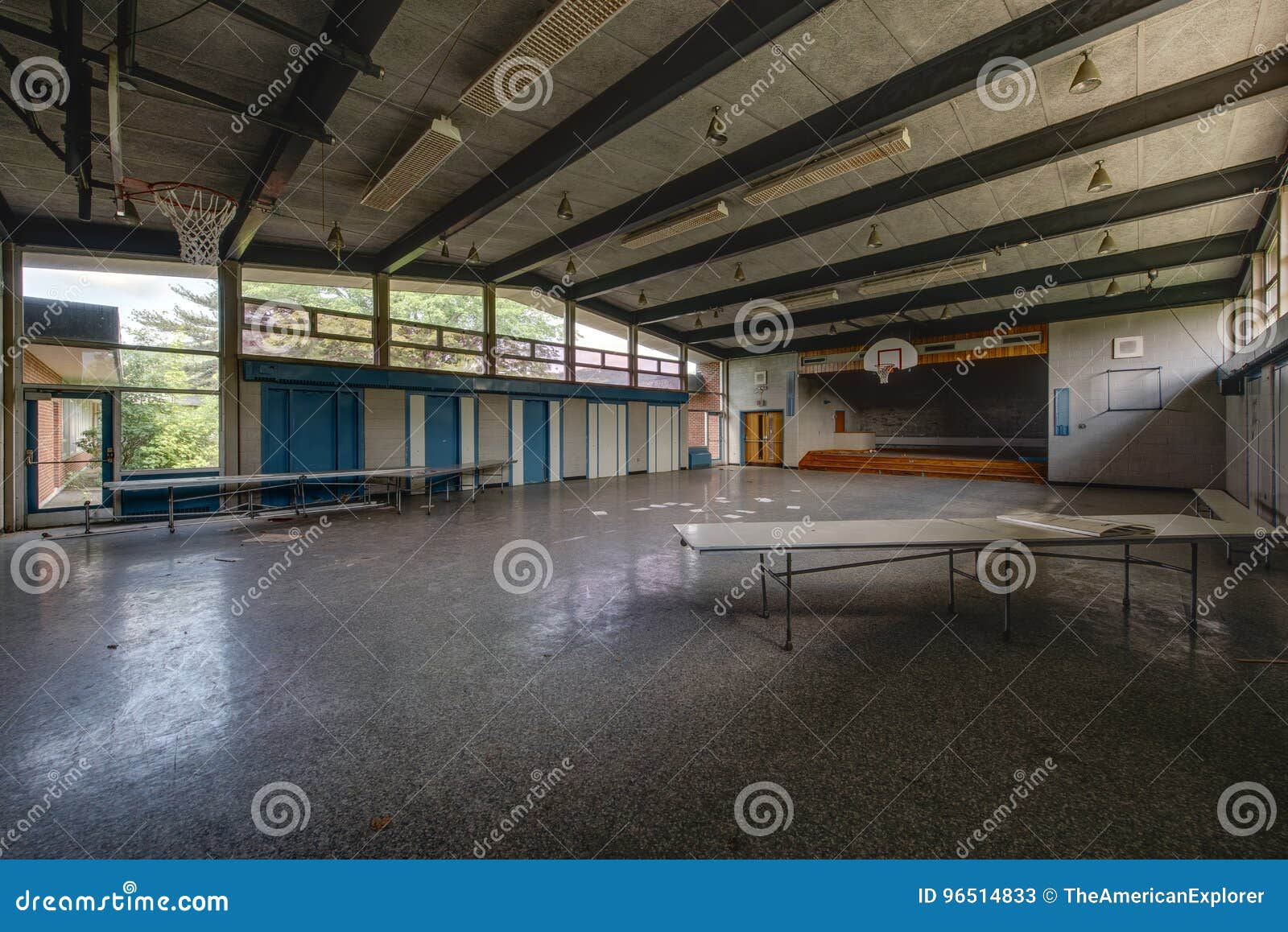 Abandoned School Cafeteria and Stage Stock Image - Image of grime ...
