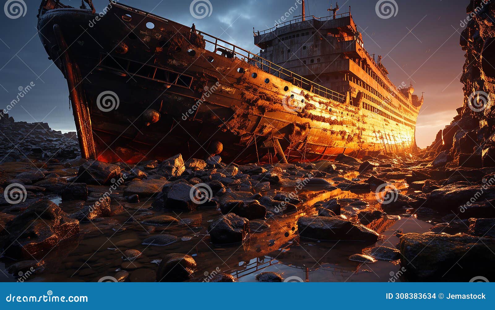 Abandoned Shipwreck, Rusty and Broken, Rests on Water Edge Generated by ...