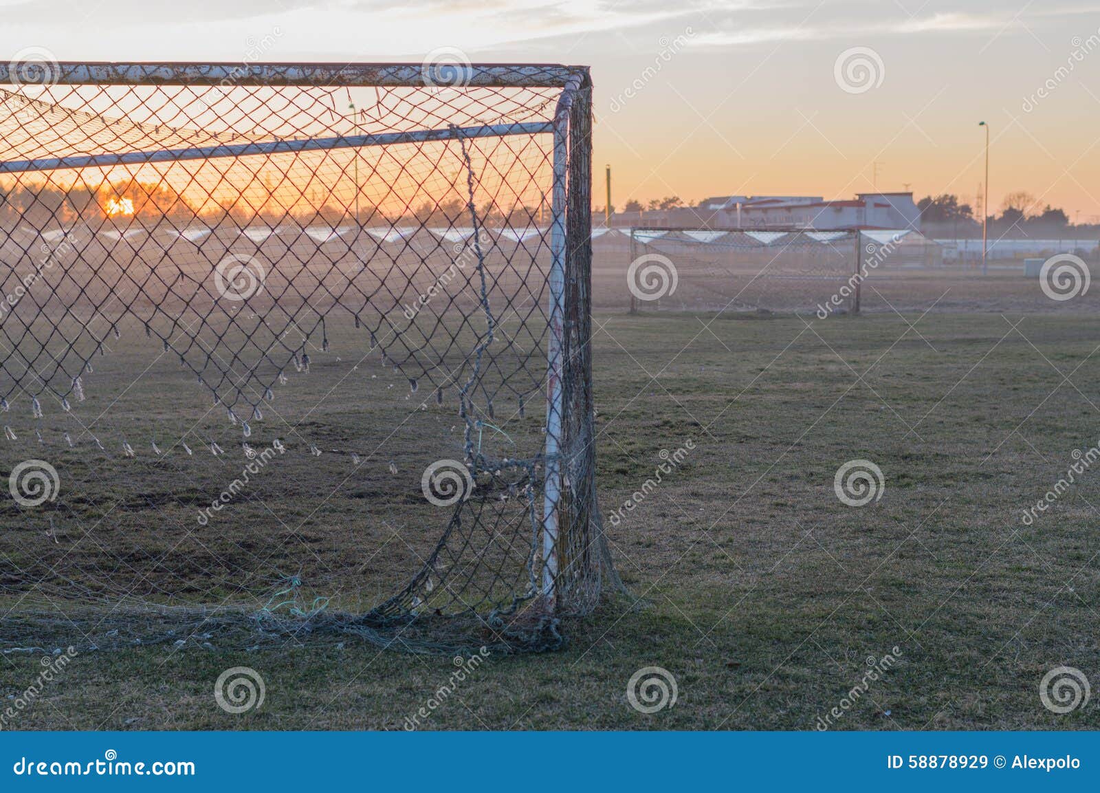 Abandoned Soccer Field and Old Rusty Goals on Sunset Stock Image ...