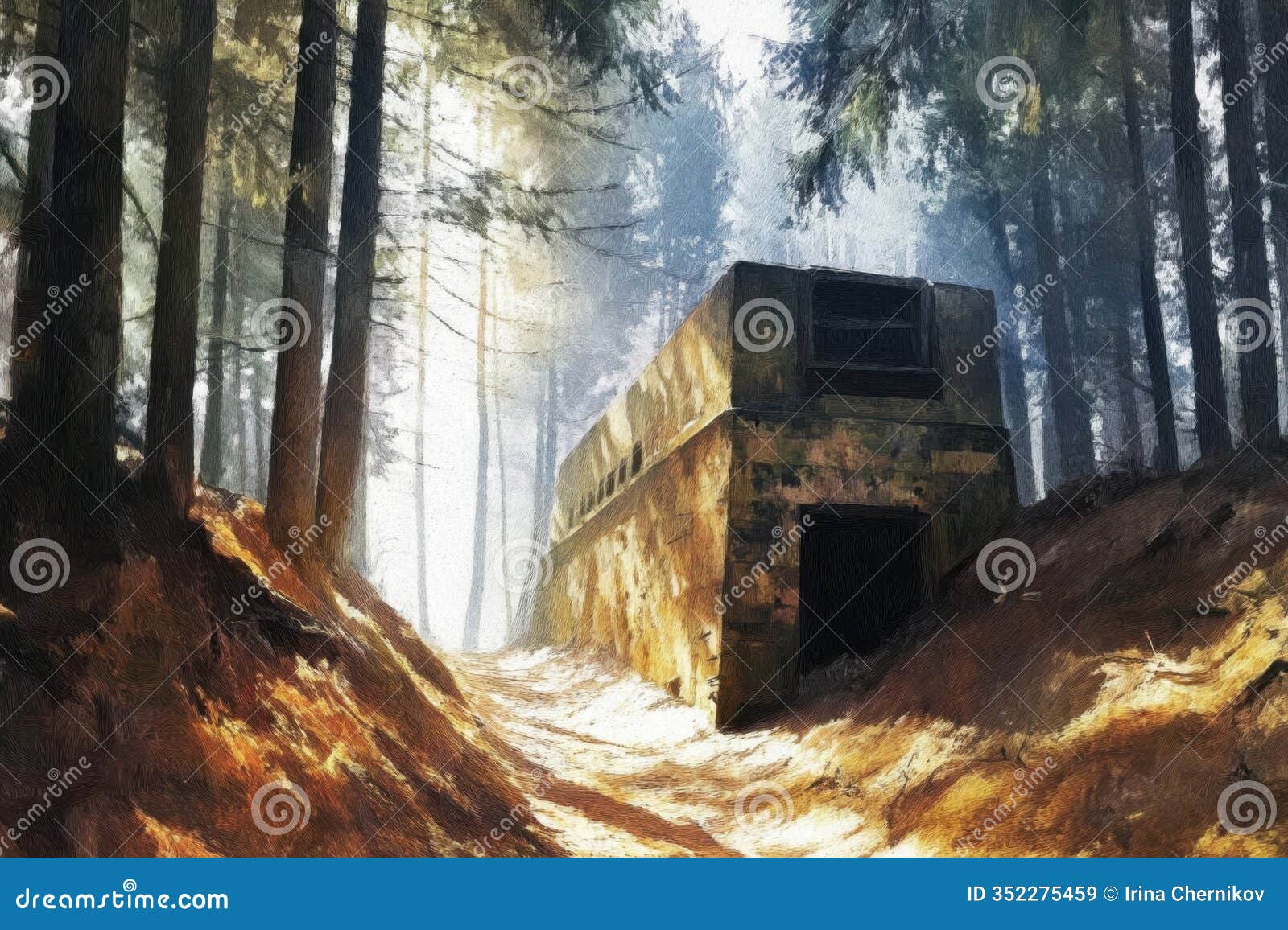 Abandoned Structure In Enchanted Forest Landscape With Sunlit Path ...