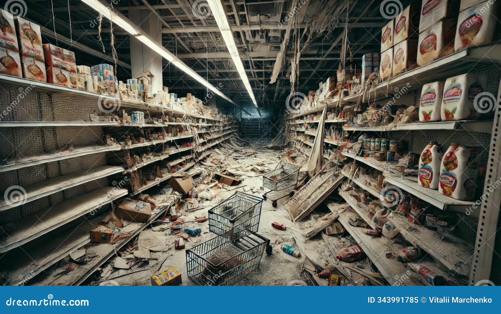 Abandoned Supermarket Aisle with Collapsed Ceiling and Empty Shelves ...