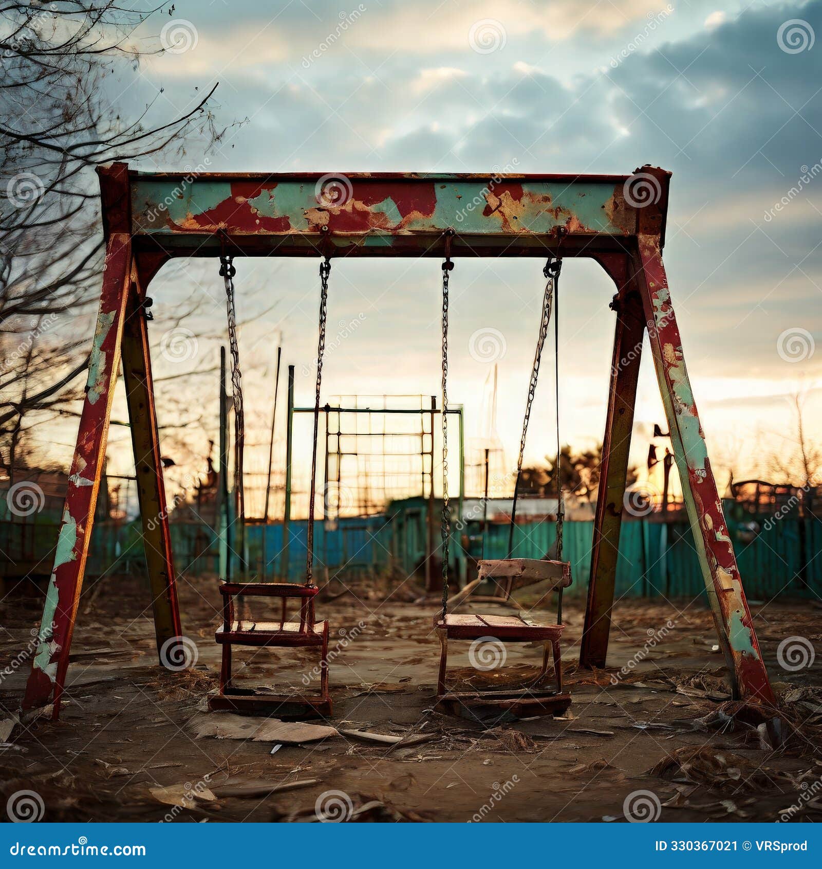 Abandoned Swing Set in Desolate Playground at Dusk Stock Image - Image ...