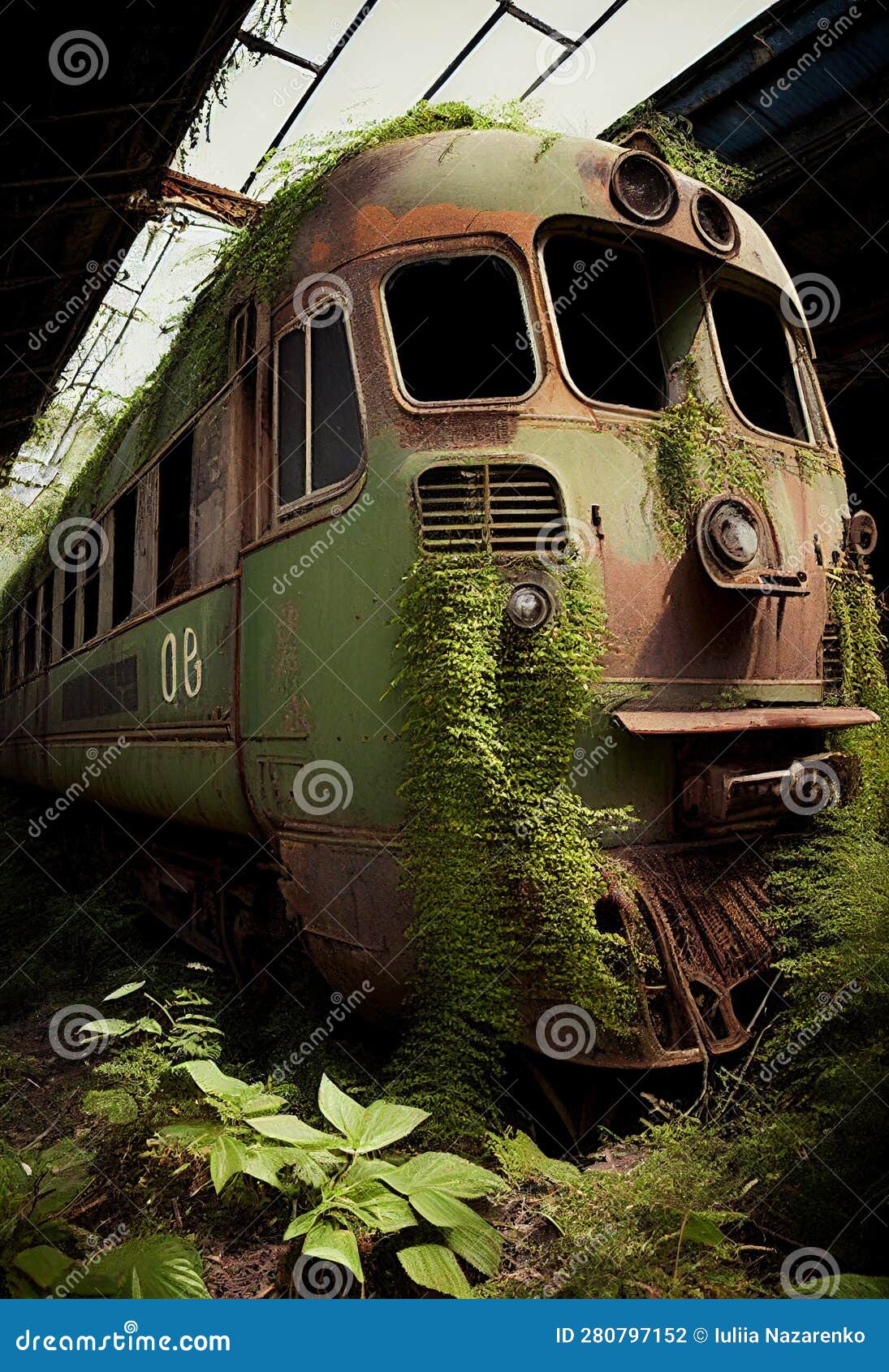 Abandoned Train Overgrown with Plants. AI Generated Stock Illustration ...