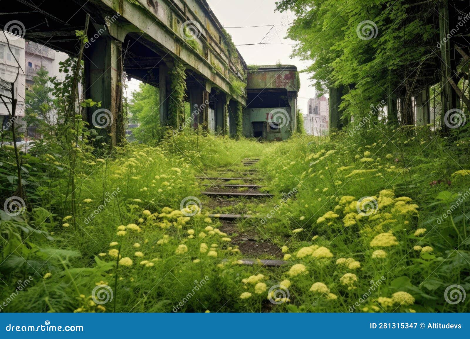 Abandoned Train Platform Overgrown with Weeds Stock Illustration ...