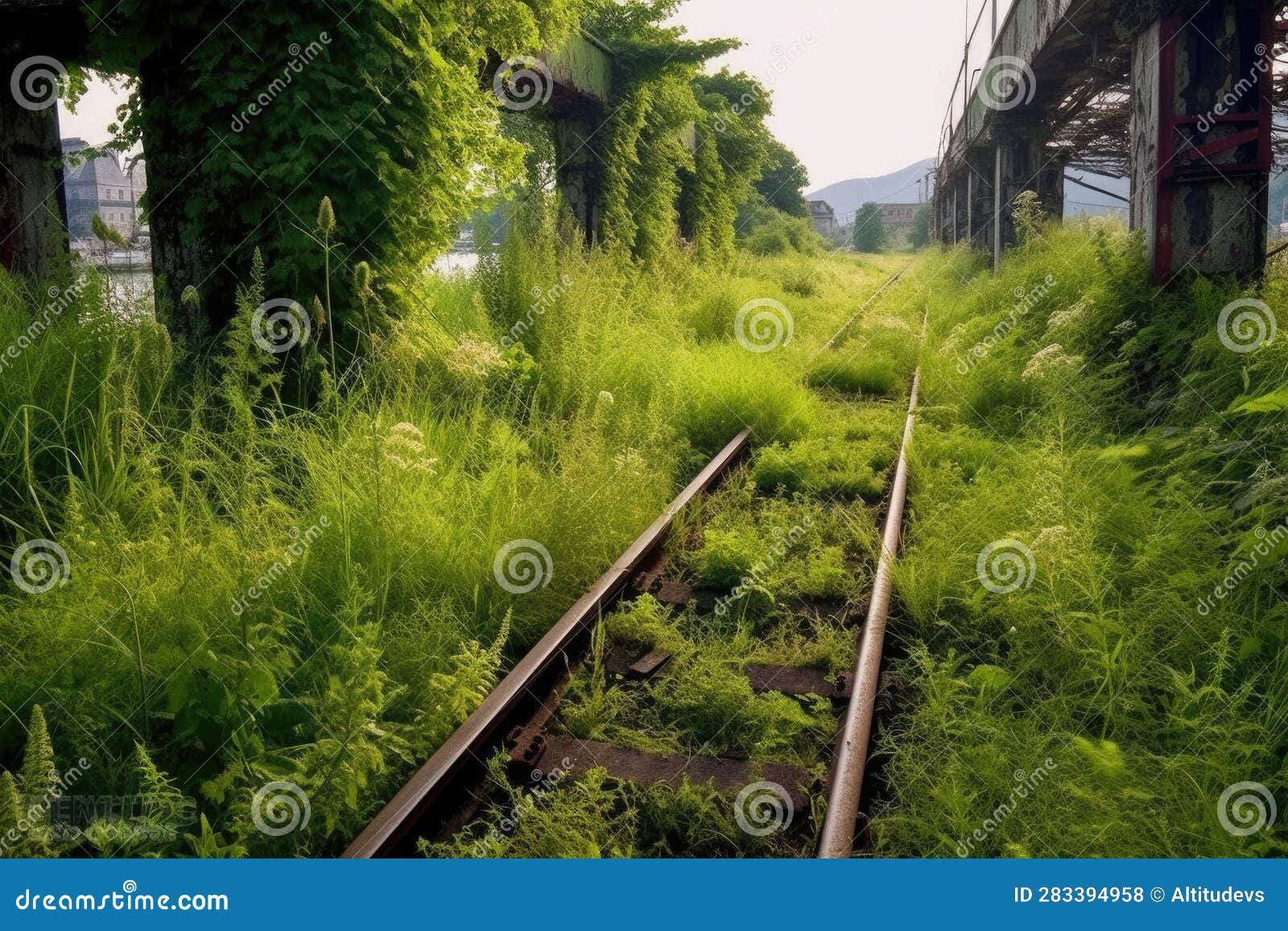 Overgrown Train Tracks Leading To Derailed Train Royalty-Free Stock ...