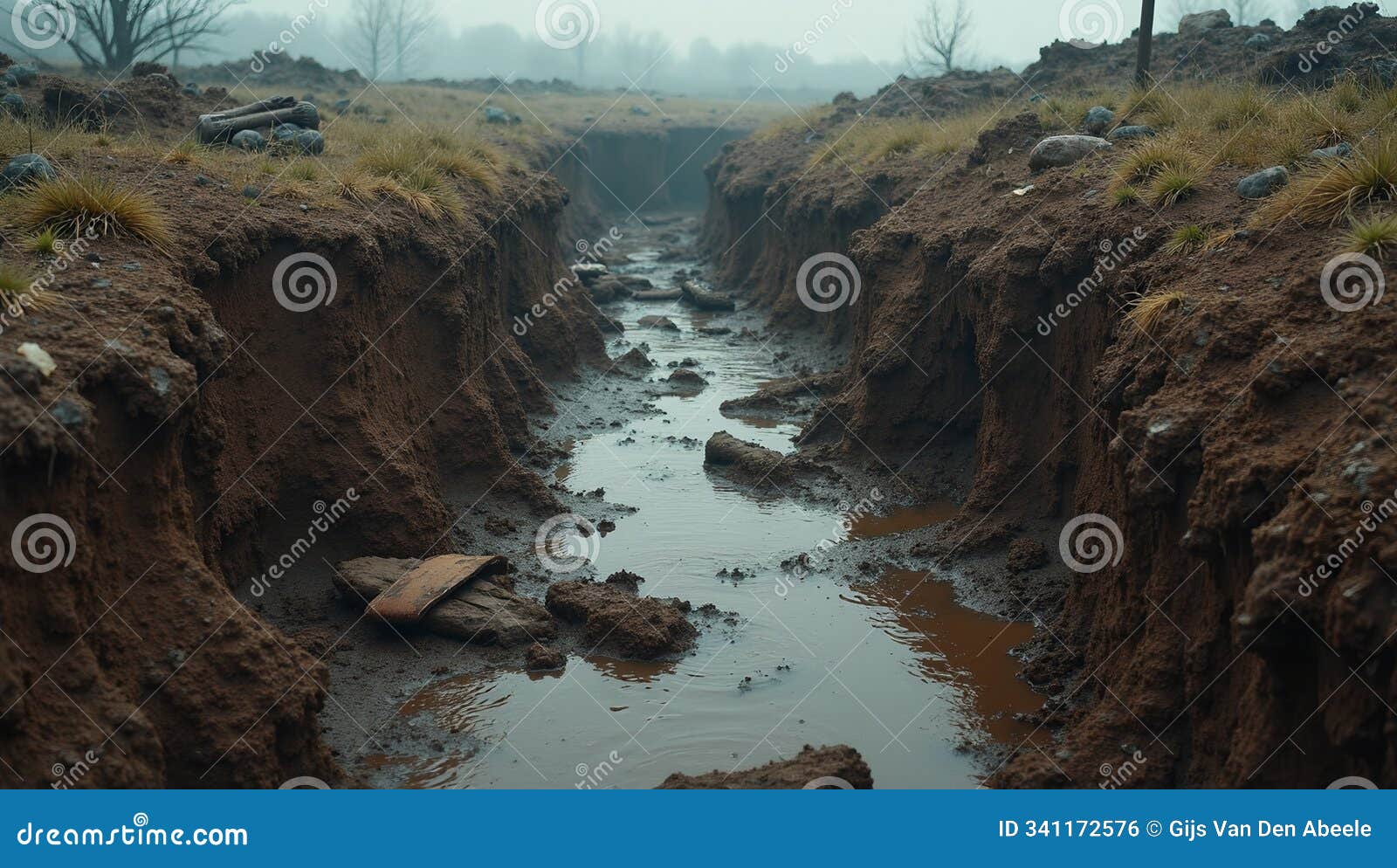 Abandoned Trench with Water Mud and Broken Boards Post Battle Stock ...