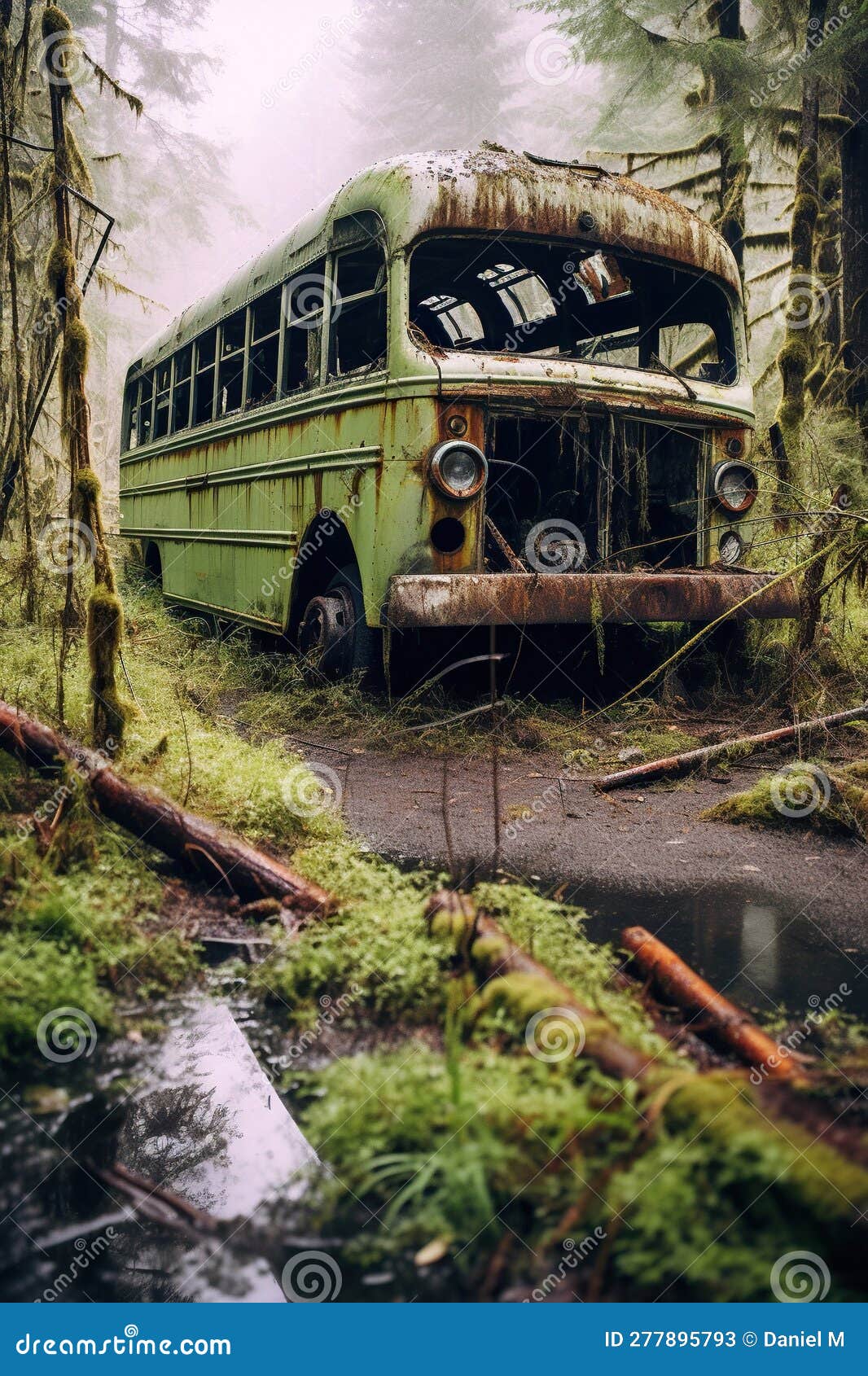 Abandoned Vintage School Bus Rusting Away in Dense Forest. Stock ...