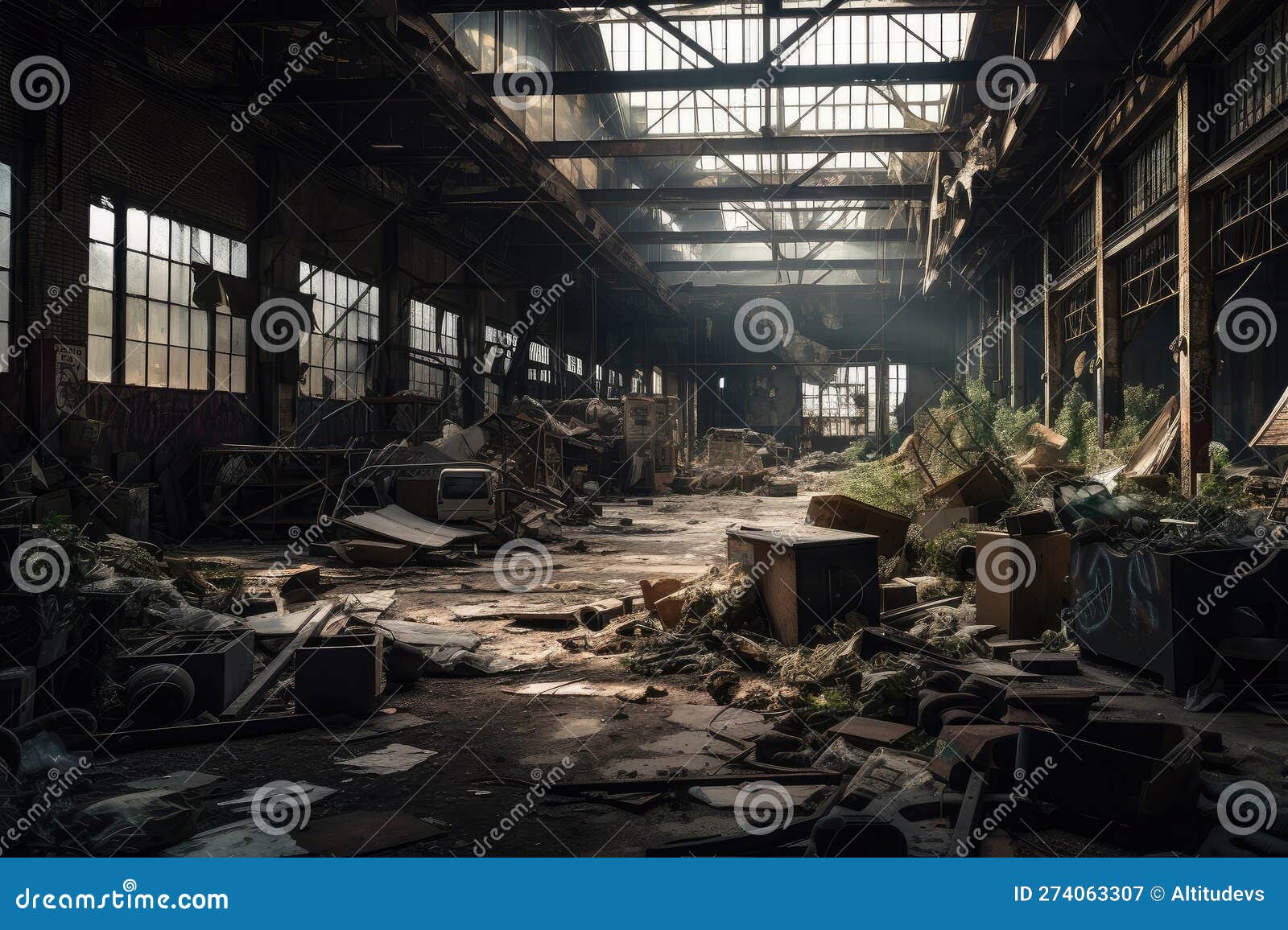 Abandoned Warehouse with Broken Windows, Debris and Dust Stock Image ...