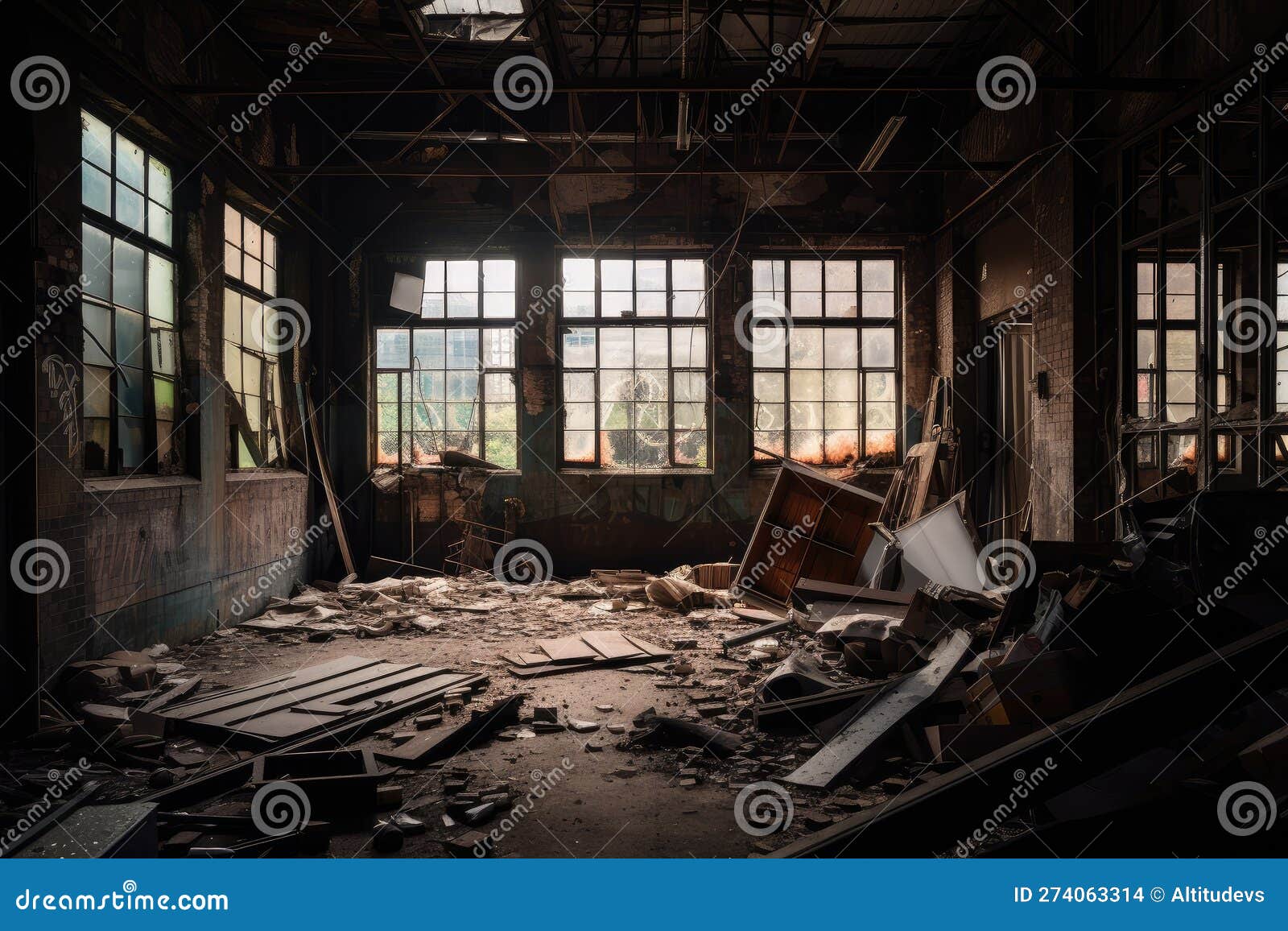Abandoned Warehouse with Broken Windows, Debris and Dust Stock Photo ...