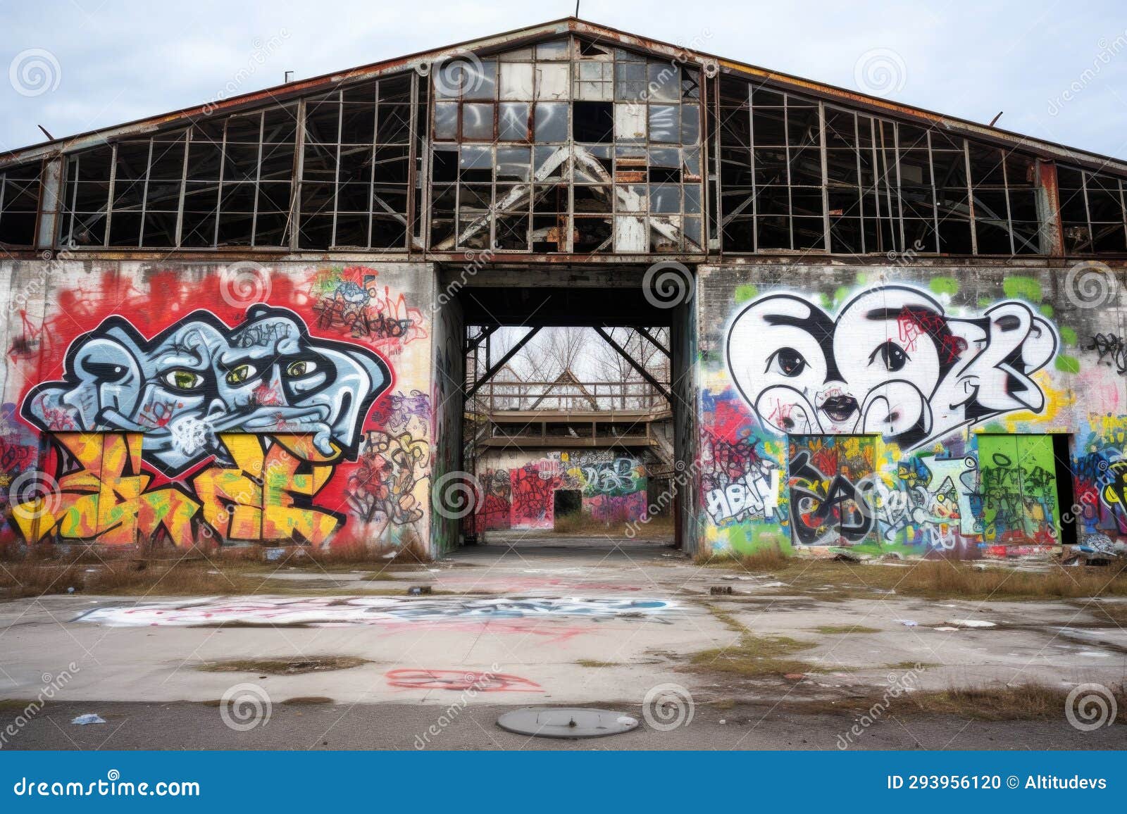 An Abandoned Warehouse Building with Graffiti Art Stock Photo - Image ...