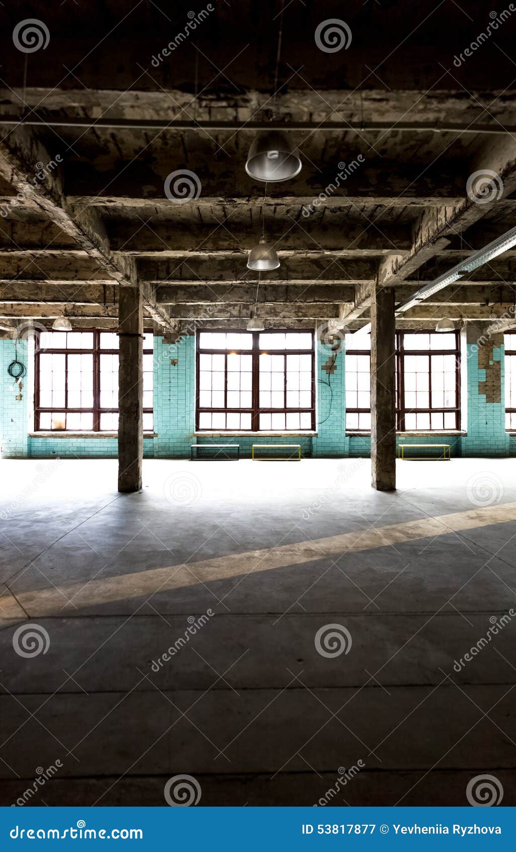 Abandoned Warehouse at Factory with Long Hallway and Big Windows Stock ...