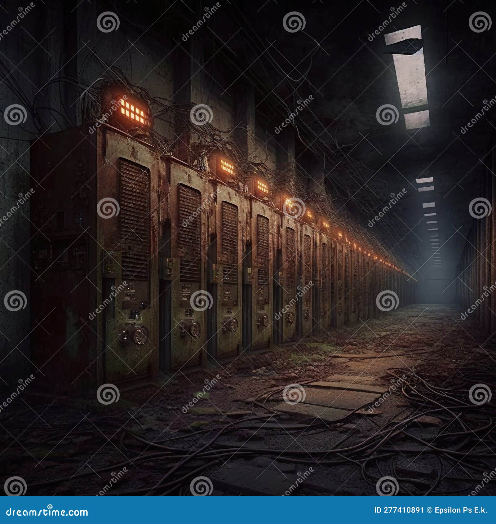 An Abandoned Warehouse Filled with Rows of Old, Rusted Servers Stock ...