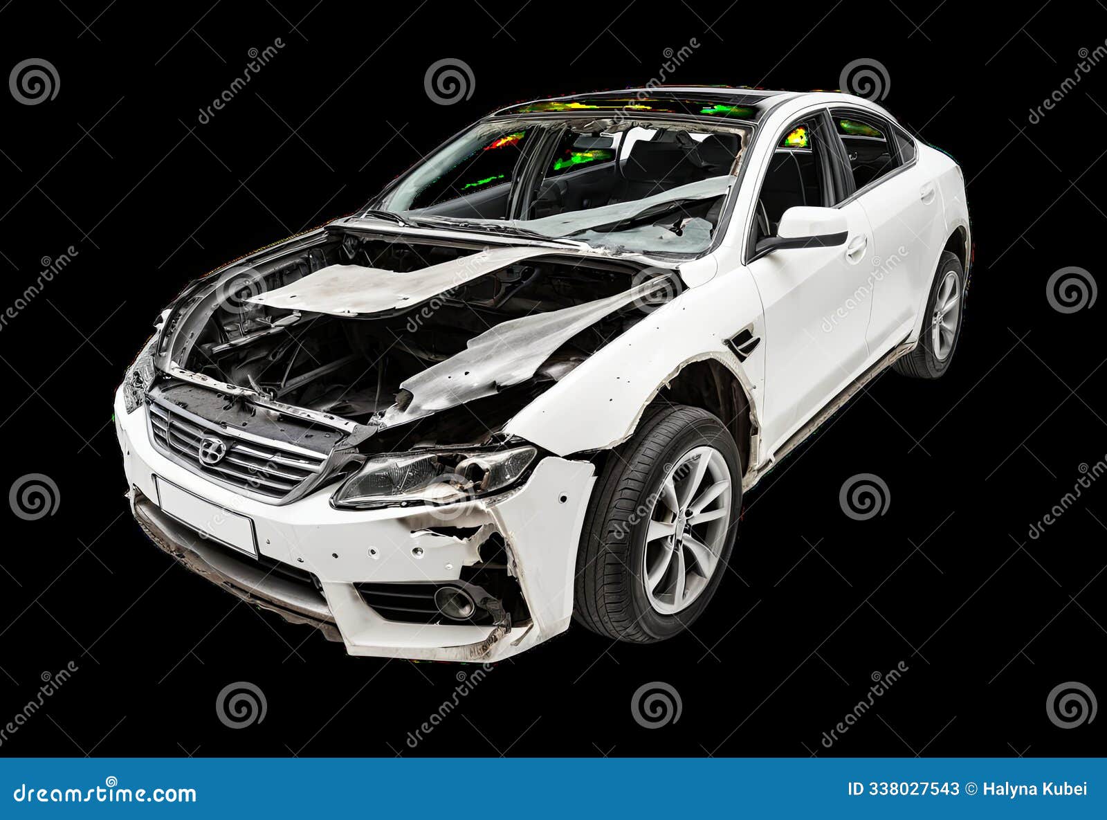 Abandoned White Car with Exposed Engine and Structural Damage on a ...