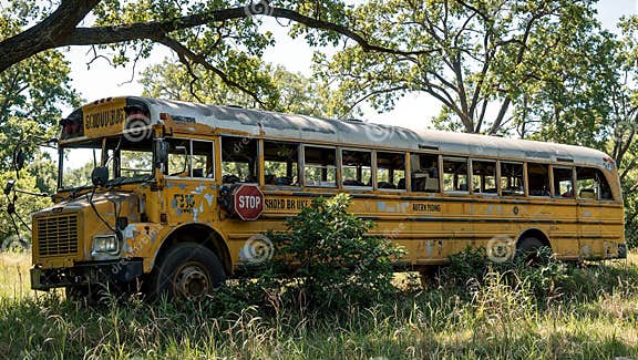 Abandoned Yellow School Bus with Rust and Overgrown Vegetation Stock Illustration - Illustration ...