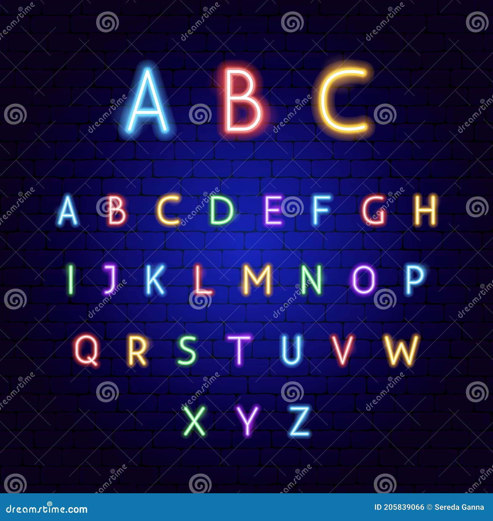 ABC Neon Alphabet stock vector. Illustration of letter - 205839066