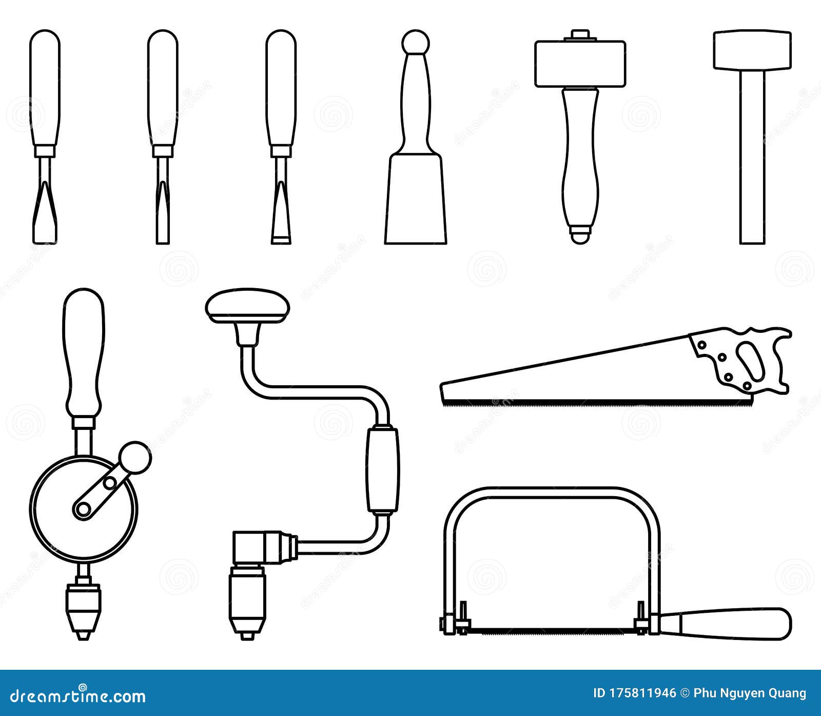 Woodworking Hand Tools. Thin Line Icons Stock Vector - Illustration of ...