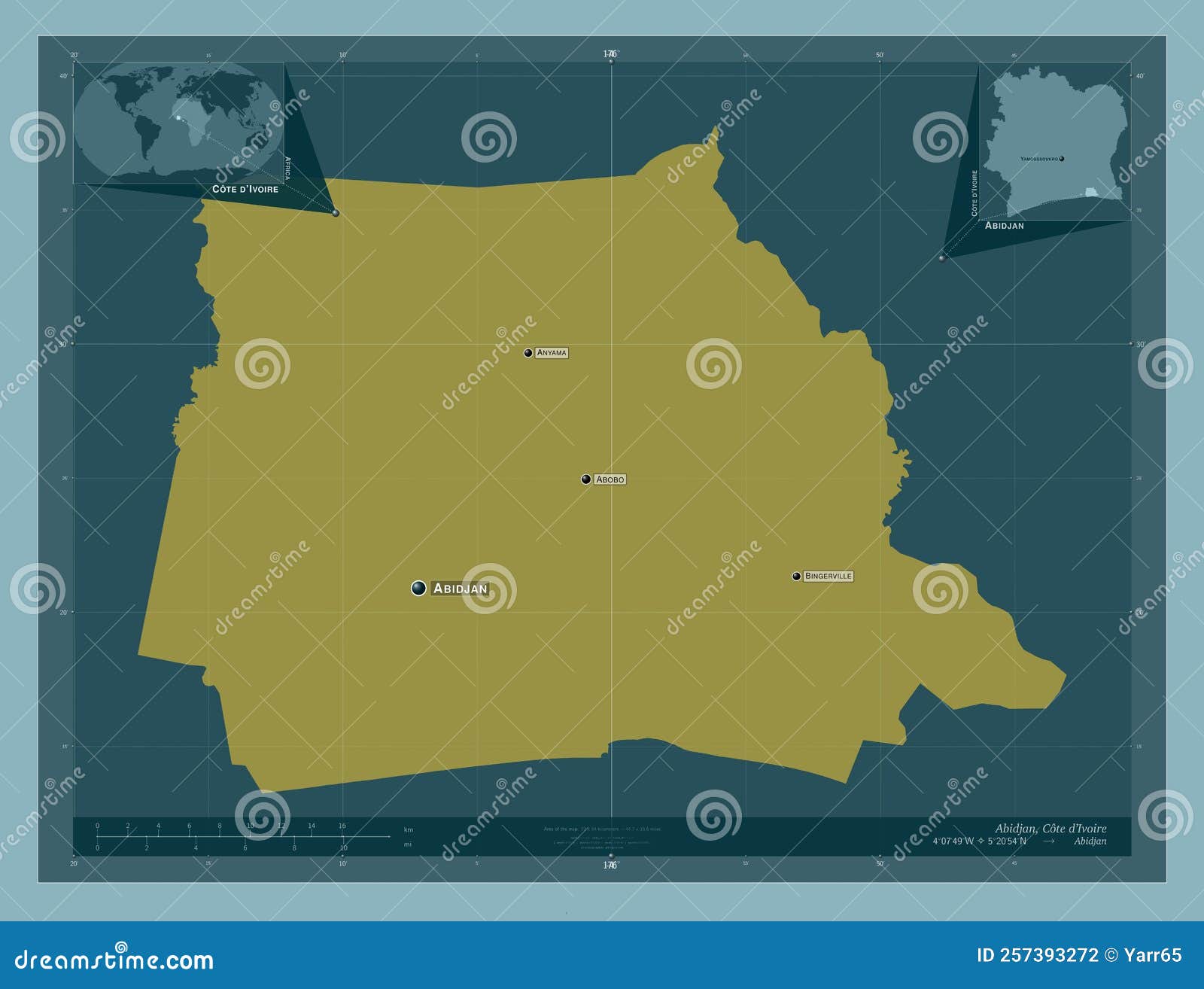Abidjan, Cote D Ivoire. Solid. Labelled Points of Cities Stock ...