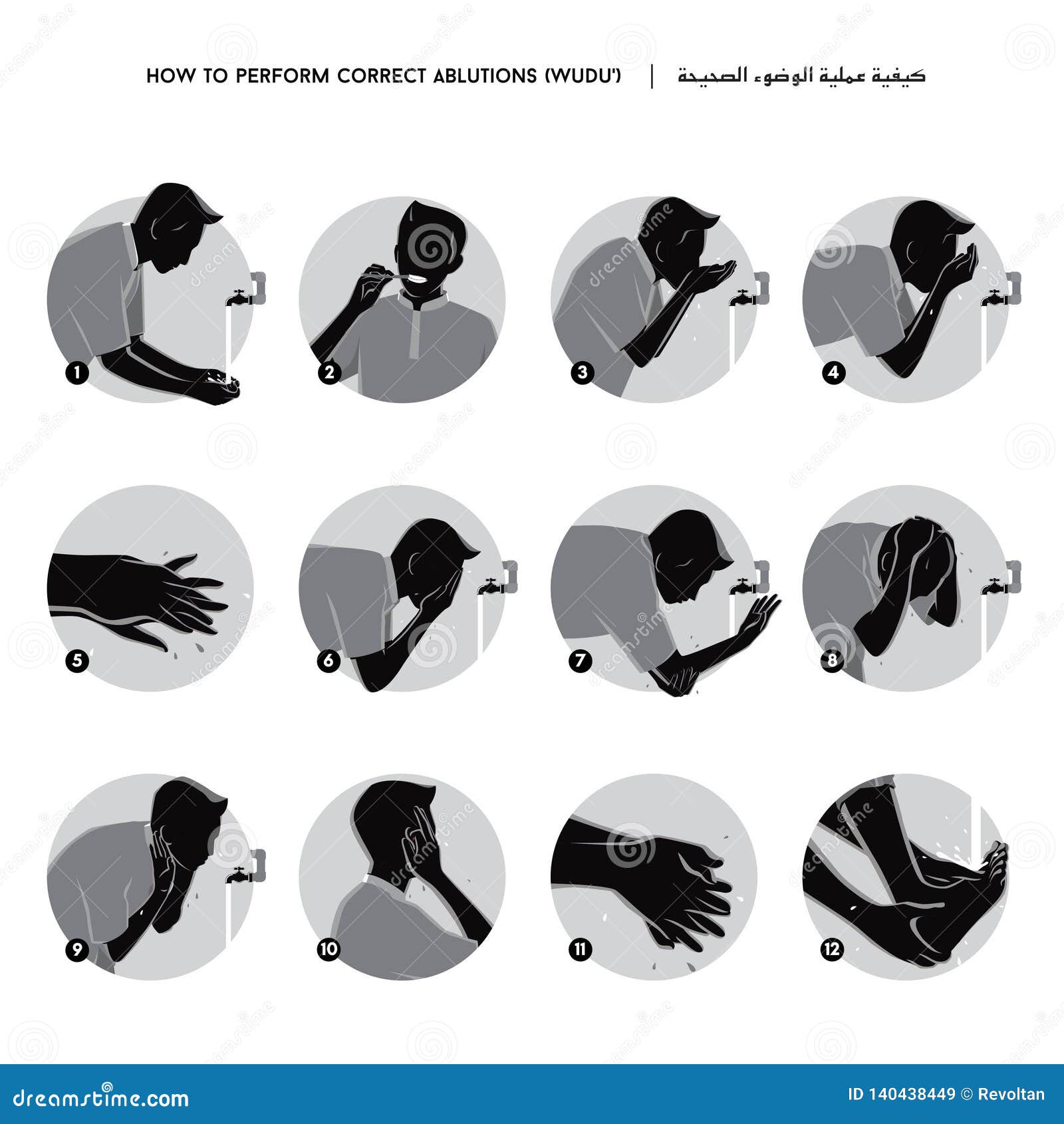Ablutions or Wudu` Steps Tutorial in Black and White Stock Vector ...