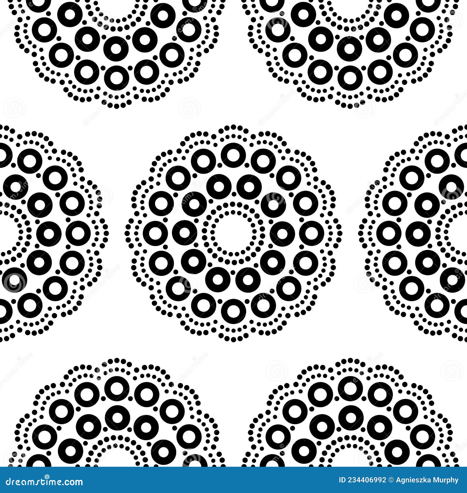 Aboriginal Dot Painting Mandala Seamless Vector Pattern, Repetitive Dot Ar in Black on White ...