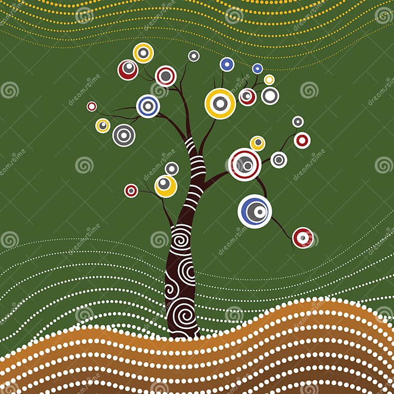 Tree on the Hill, Aboriginal Tree, Aboriginal Art Vector Painting with ...