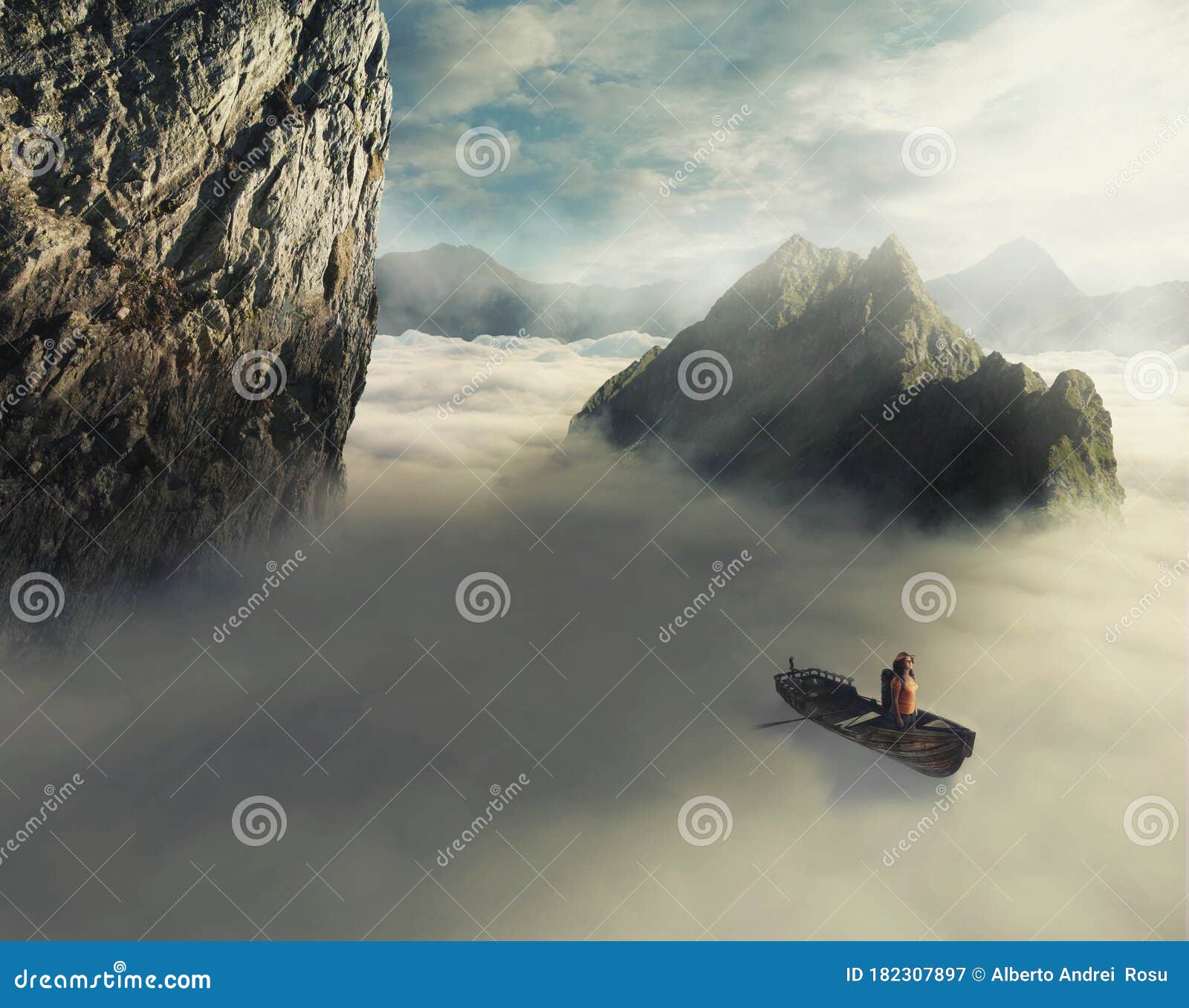 Surreal Image of a Traveler on a Boat Above Clouds Stock Image - Image ...