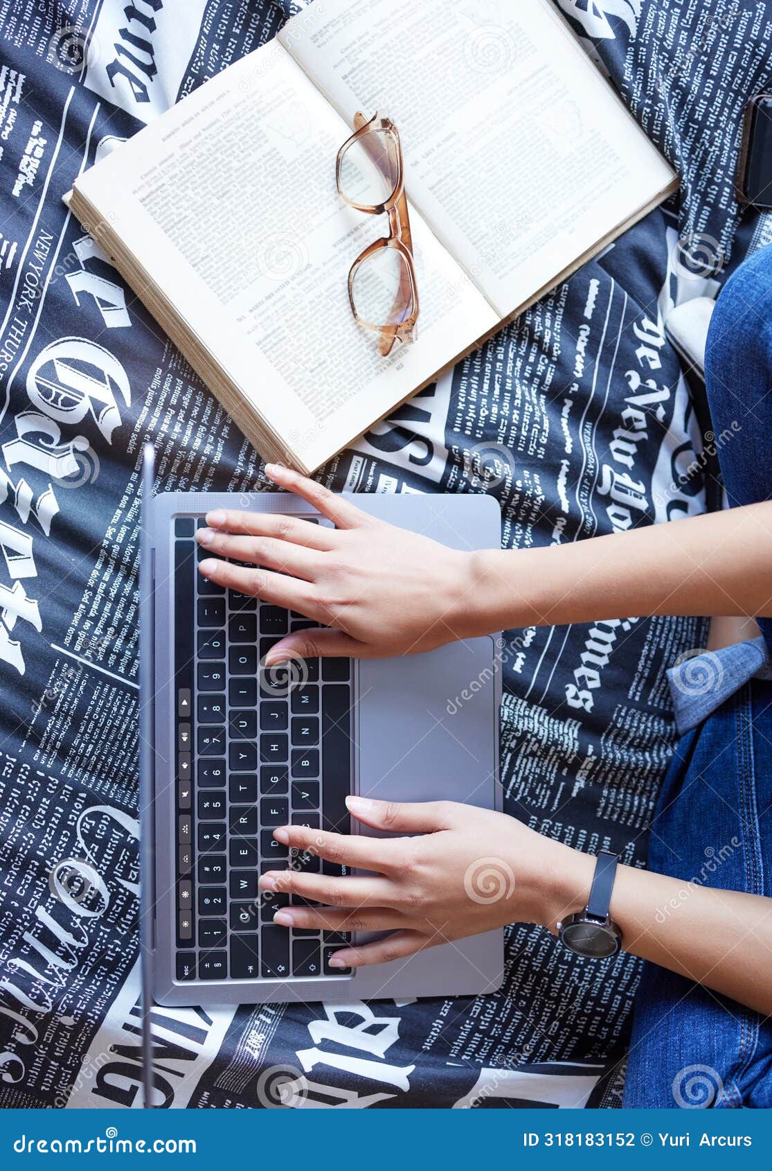 Above, Laptop and Typing with Textbook for Student in College or ...