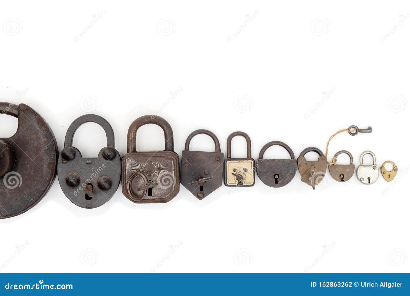 Above View of Antique Different Padlocks in a Row Isolated on a White ...