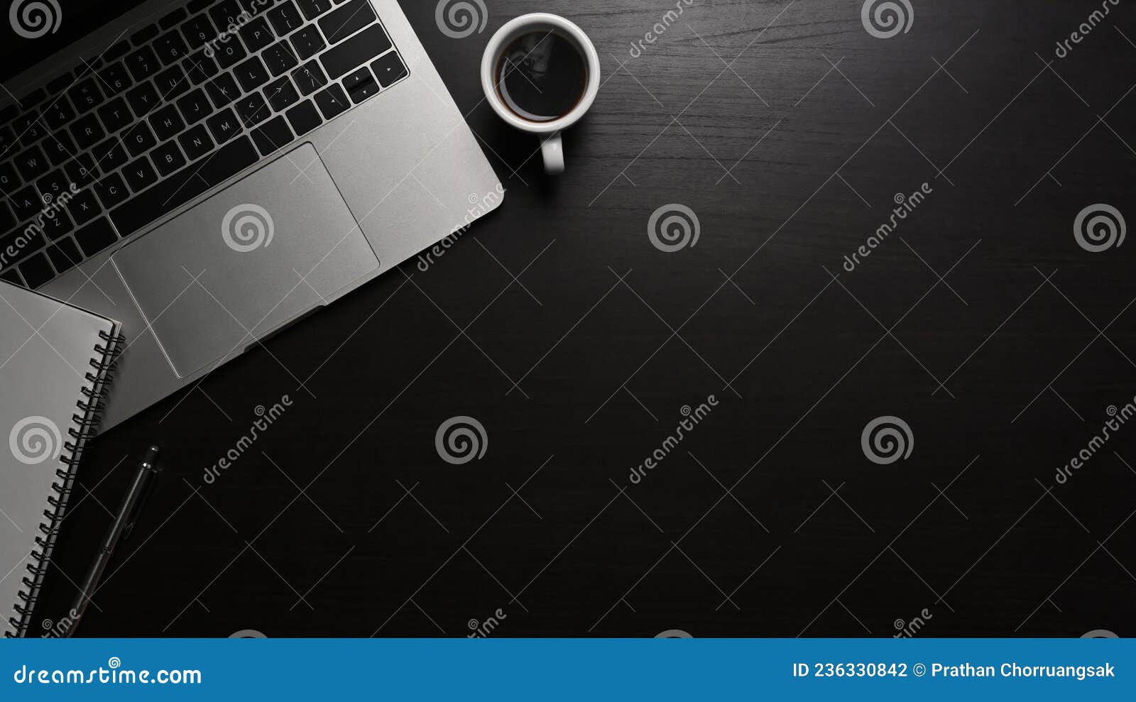 Laptop Computer, Coffee Cup and Notebook on Black Table. Stock Photo ...