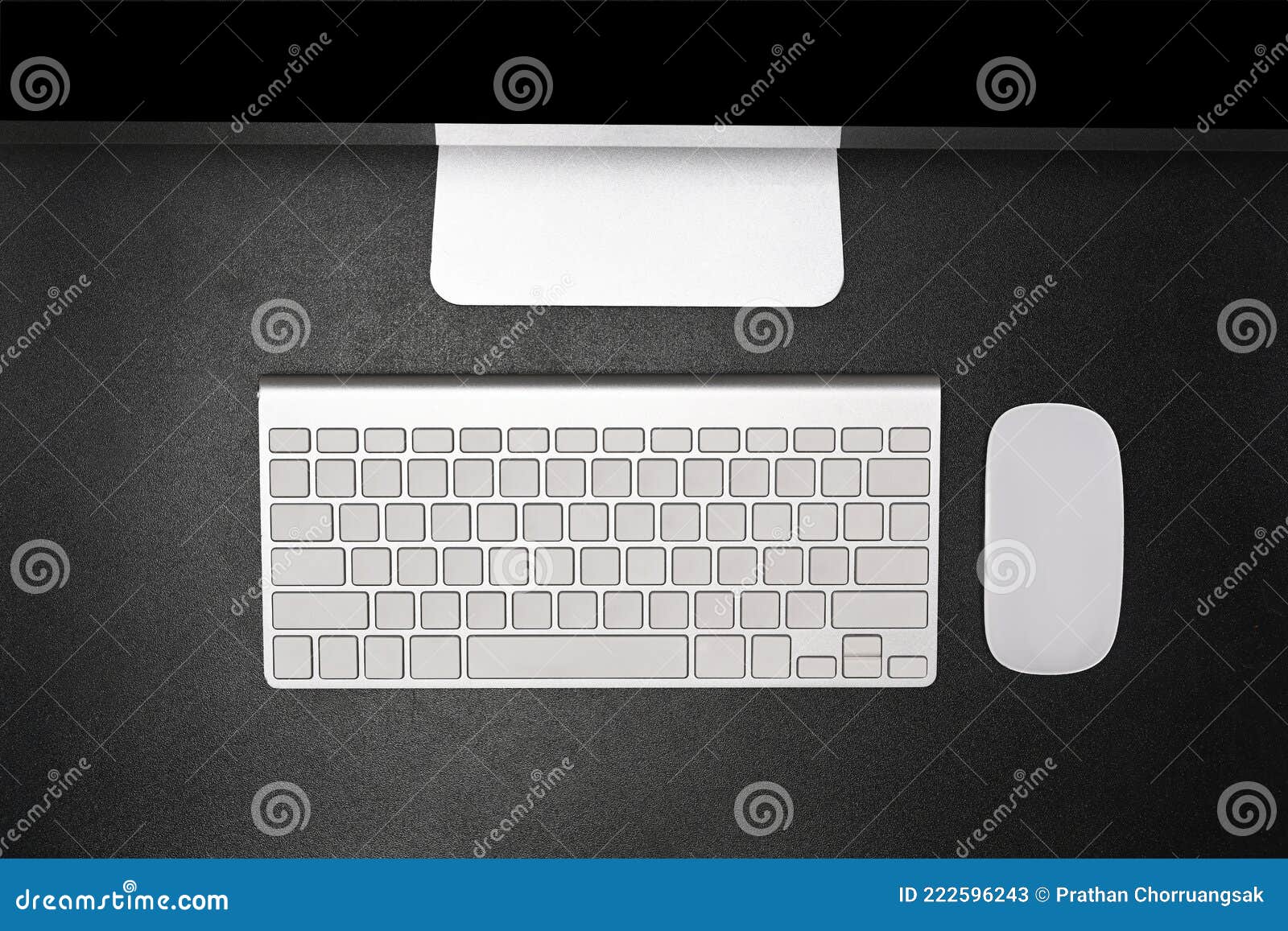 Above View Computer, Mouse and Wireless Keyboard on Black Leather ...