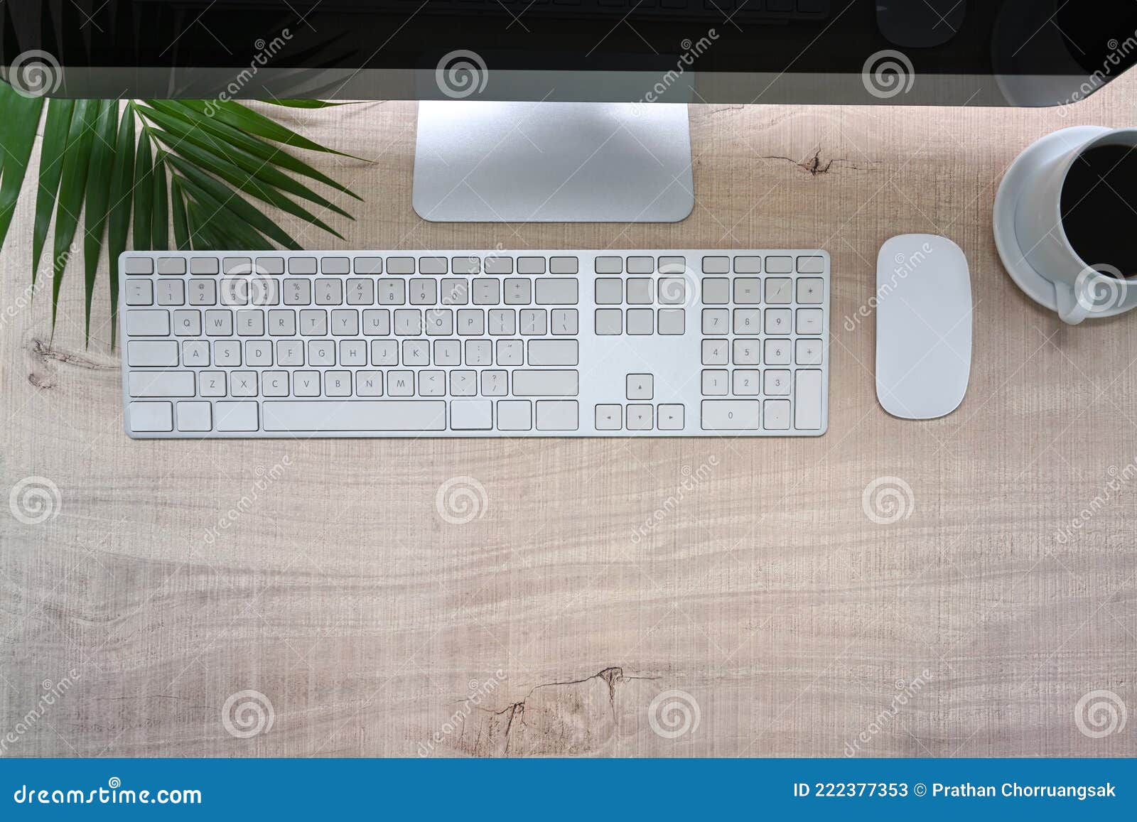 Modern Workspace with Computer and Coffee Cup on Wooden Desk. Stock ...