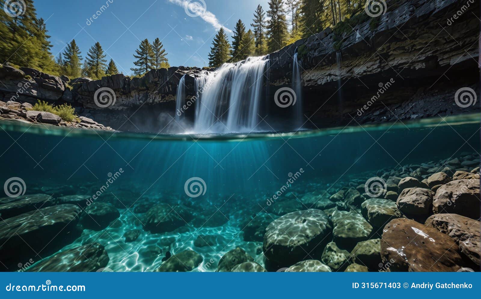 Above Water and Underwater Scene with Waterfall Falling from a Cliff ...
