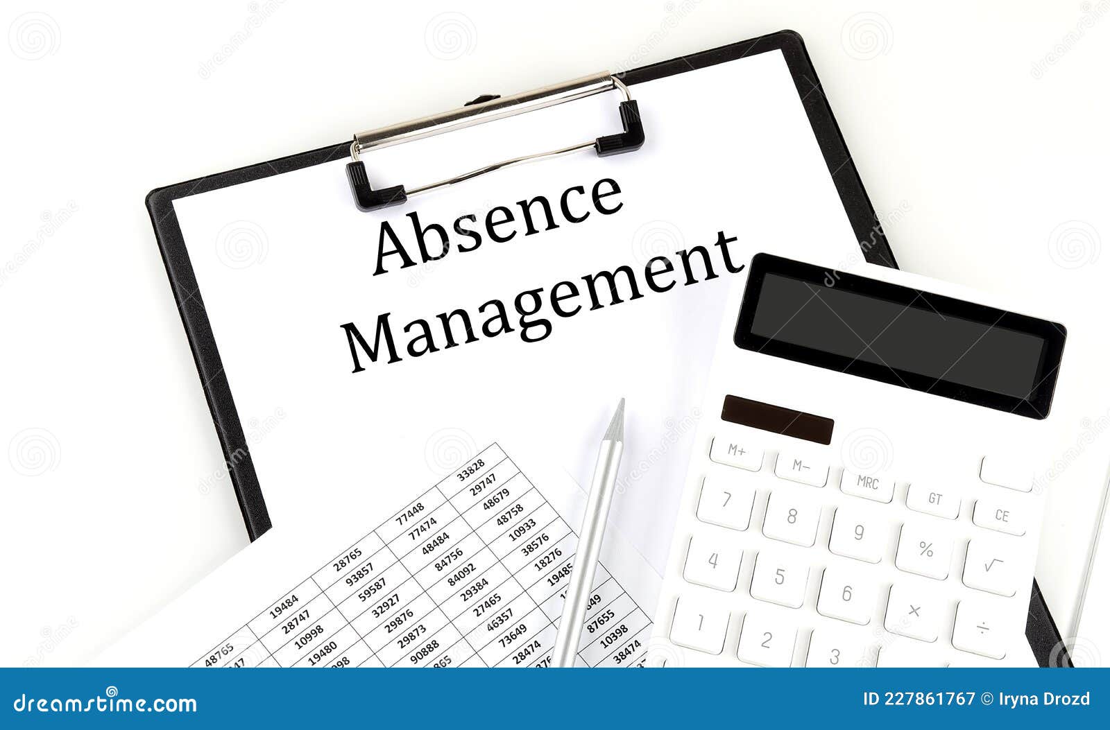 ABSENCE MANAGEMENT Text on Folder with Chart and Calculator on White ...