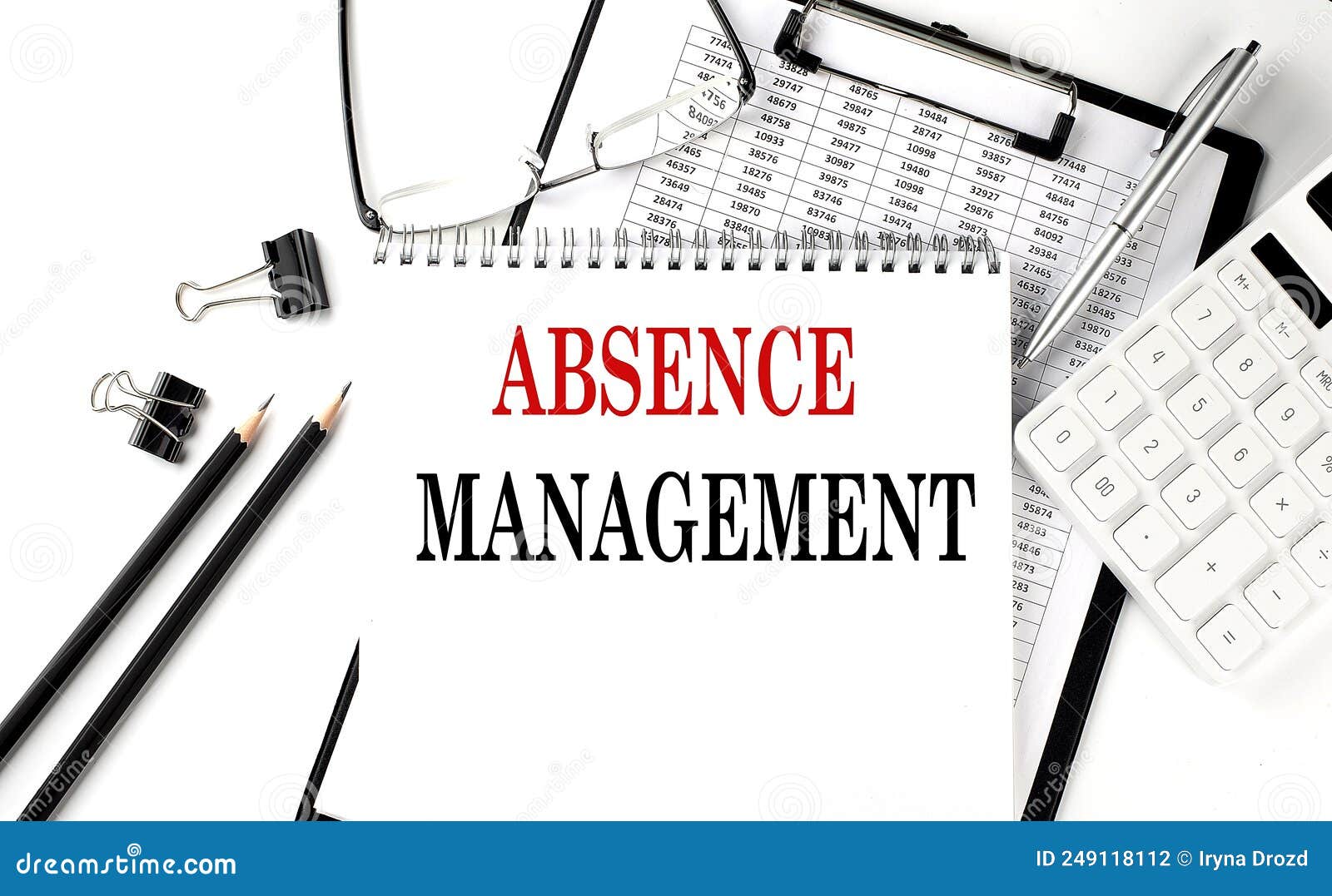 ABSENCE MANAGEMENT Word on Notepad with Clipboard , Chart and ...