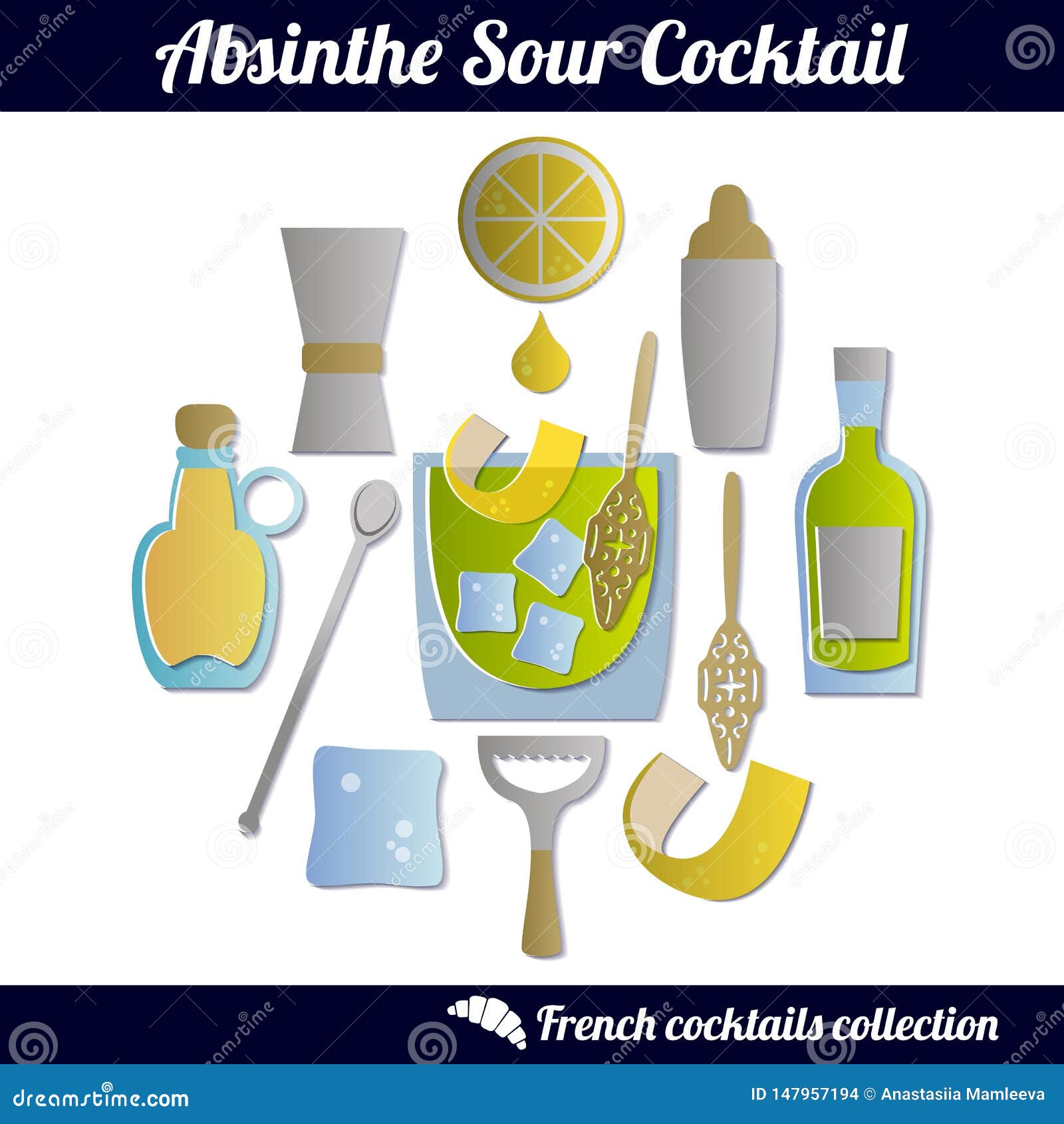 Absinthe Sour Cocktail. Infographic Set, Recipe Illustration ...