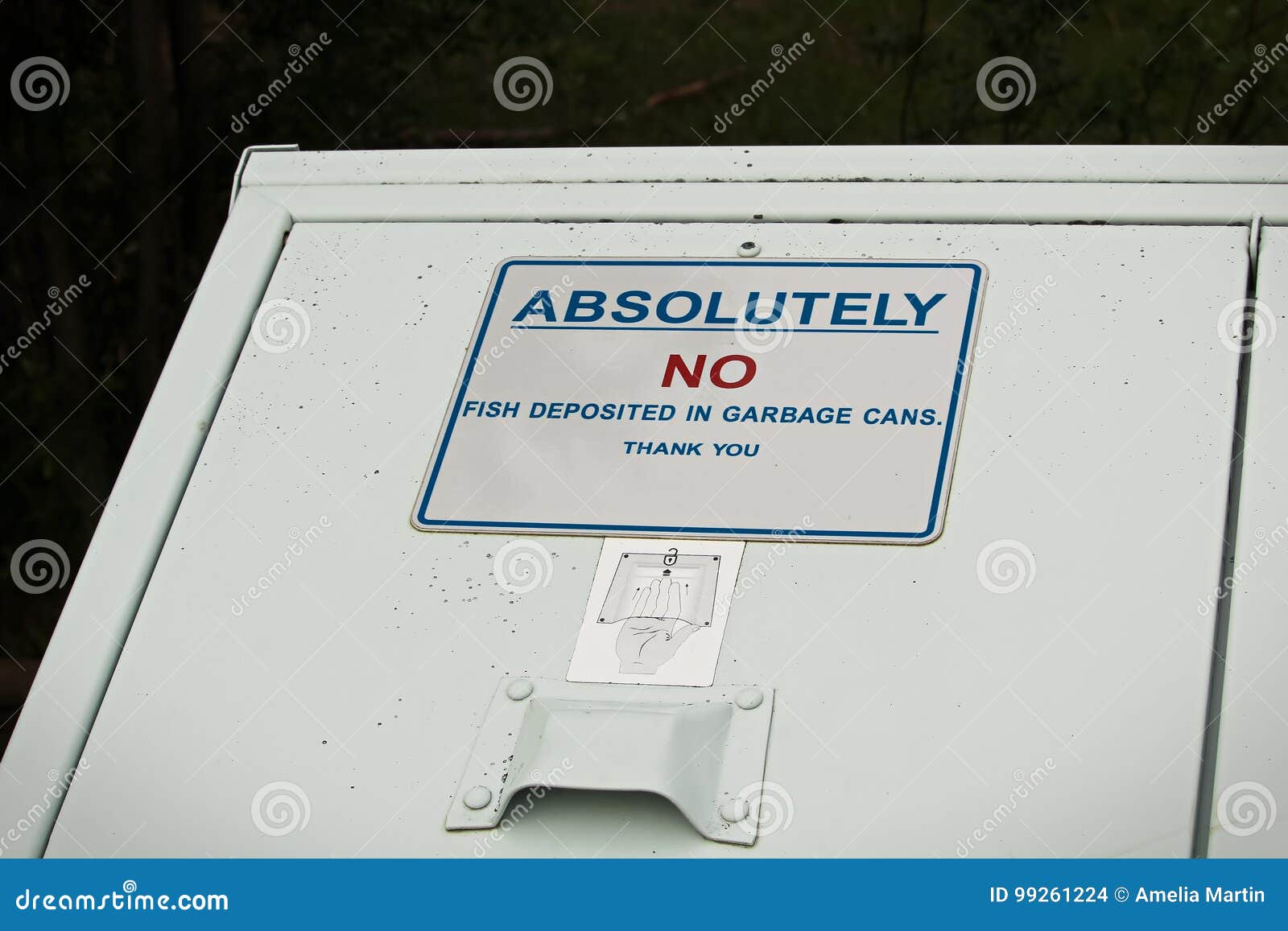 Absolutely No Fish Deposited in Garbage Can Sign Stock Photo - Image of ...