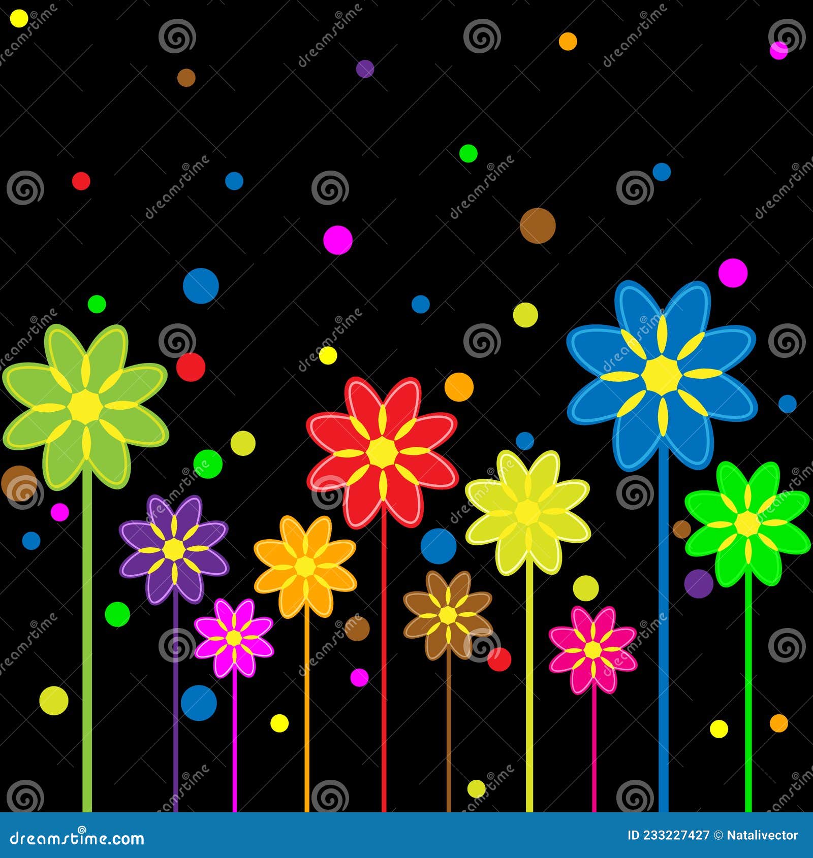 Vector Background with Abstract Colored Flowers on a Black Background ...
