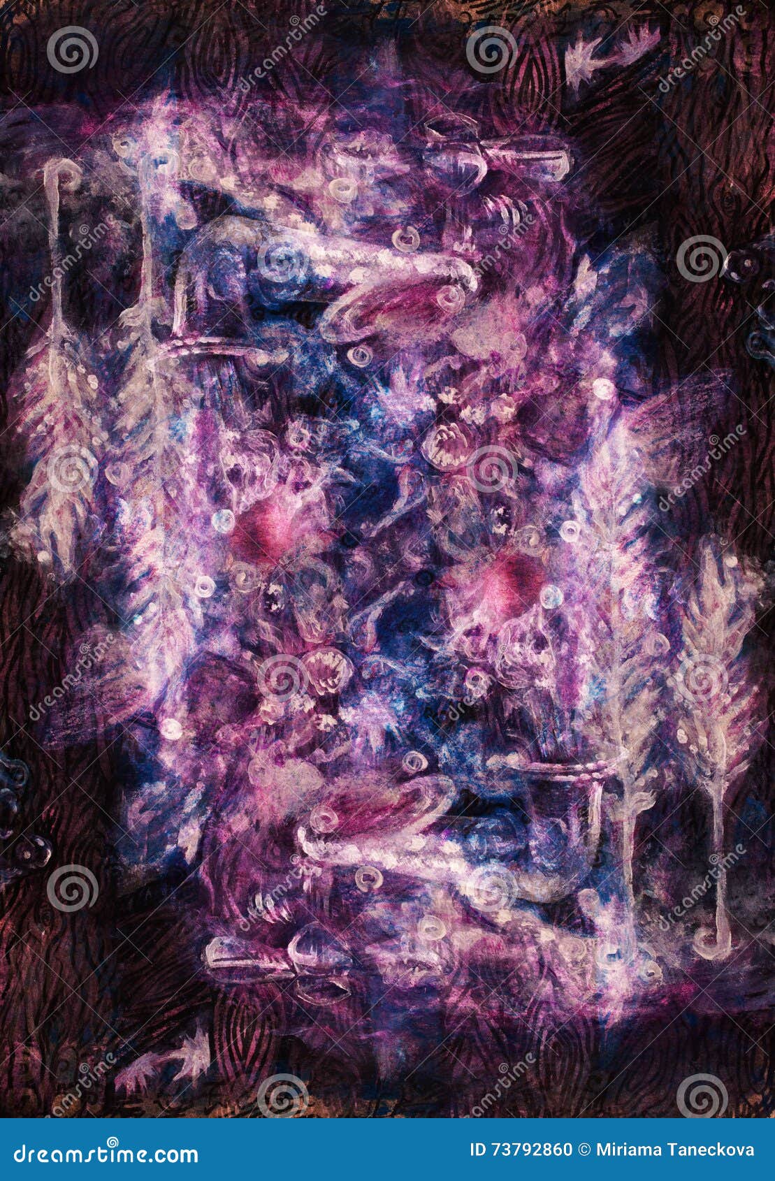 Abstarct Violett Backgroung with Stars, Feathers and Planet Patterns ...