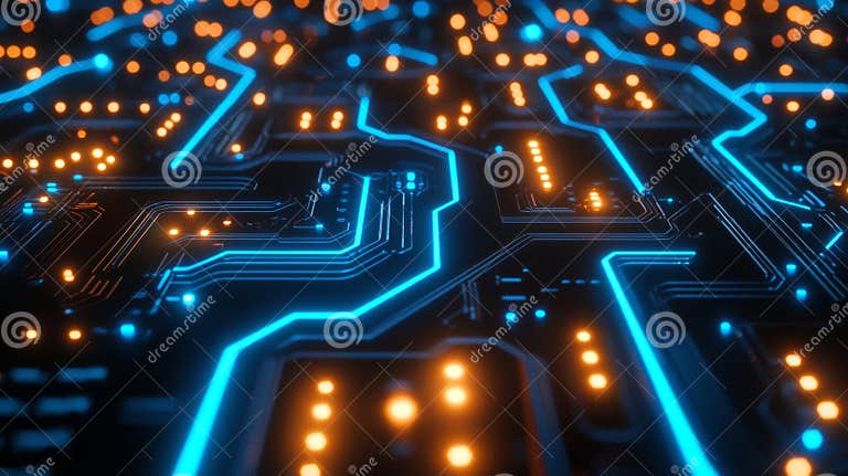An Abstract AI Circuit Board Background. Blue Lines Interconnect with Electronic Components ...