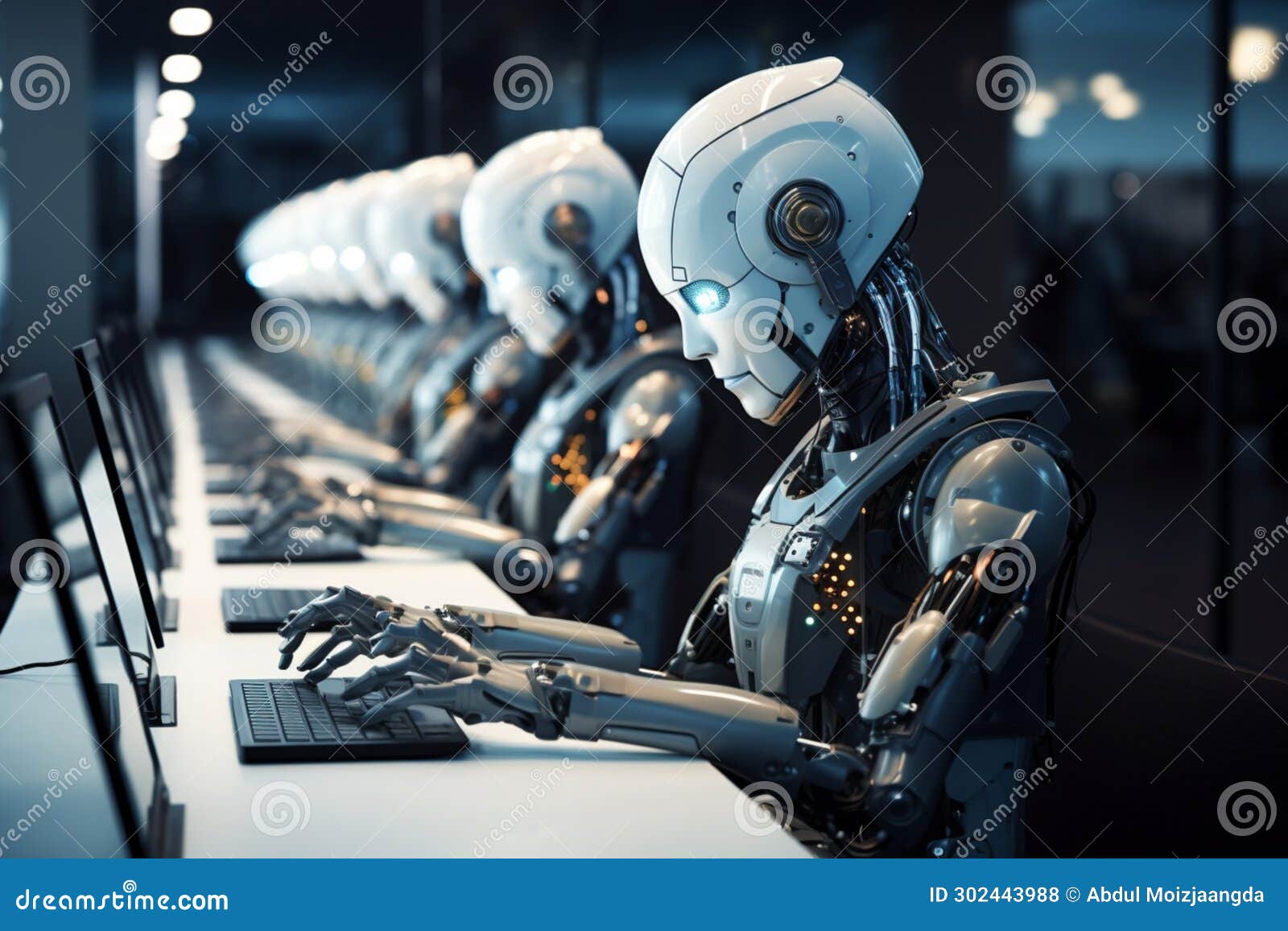 Abstract AI in a 3D Rendered Office, Highlighting Robotic Workforce Concept Stock Illustration ...