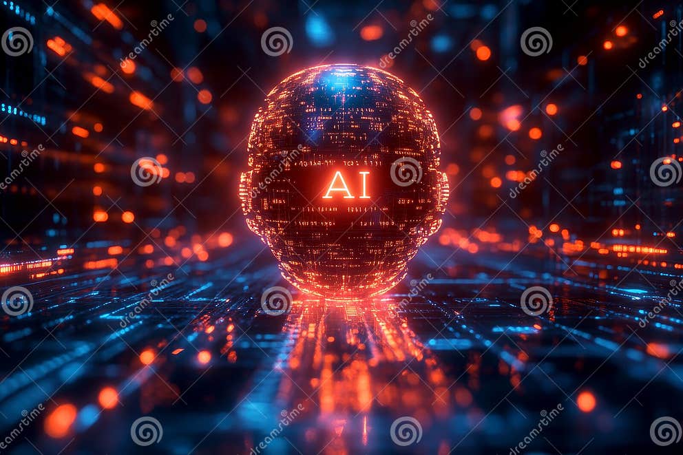 Abstract AI Head with Data Streams and Binary Codes Flowing through, Surrounded by Holographic ...