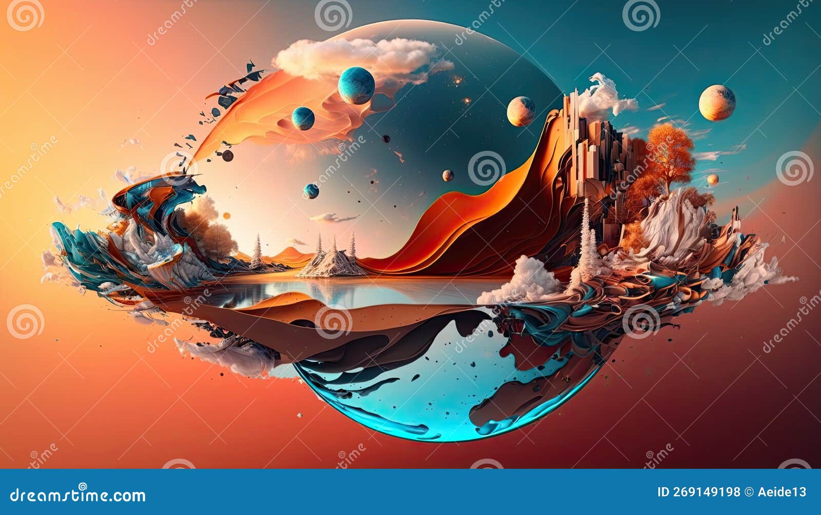Abstract Alien Planet with Mountains Lakes and Solar System in a Pod ...
