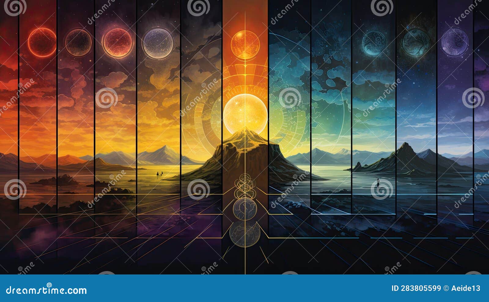 Abstract Alien World. Seasons and Planets Concept Art. Panels of ...
