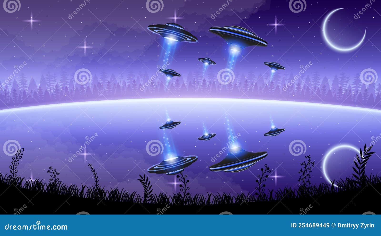 Abstract Aliens on Flying Saucers in Dark Planets Background Gradient ...